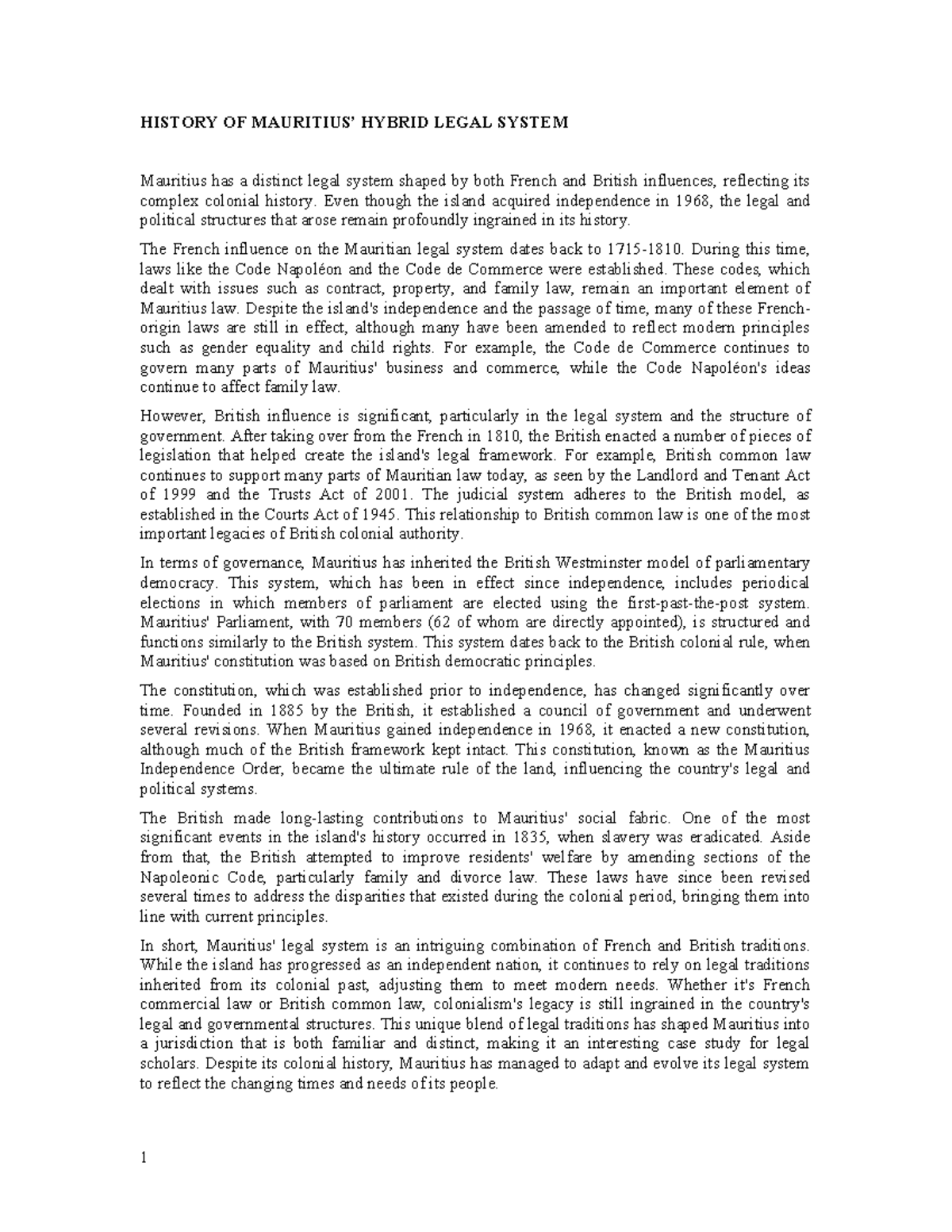 Mauritius Legal System - Assignment - HISTORY OF MAURITIUS’ HYBRID ...