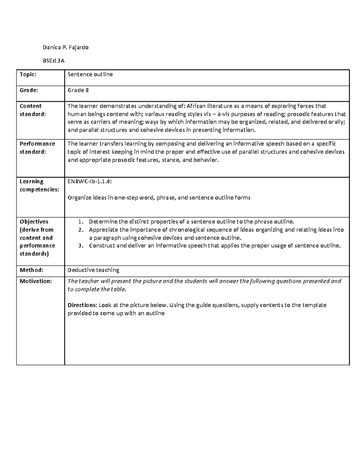 Lesson plan- Sentence Outline - Danica P. Fajardo BSEd 3A Topic ...