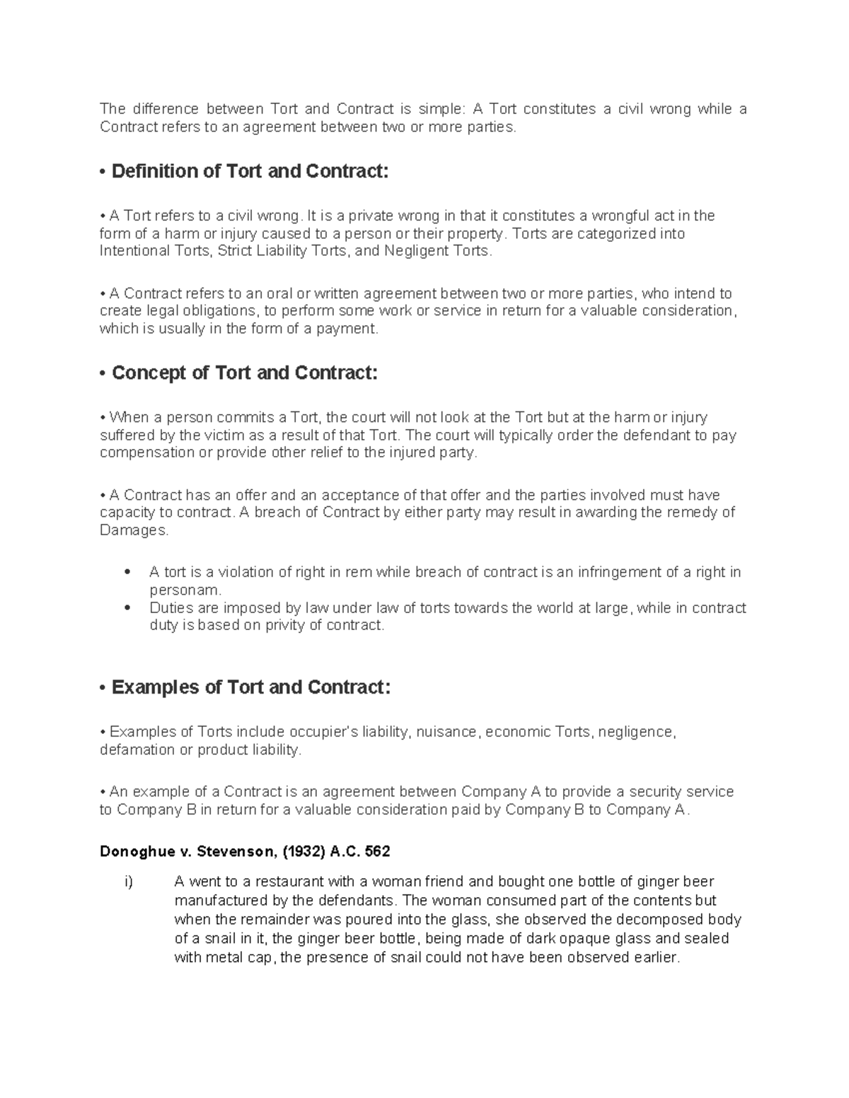 Assignment LAW OF Torts - The difference between Tort and Contract is ...