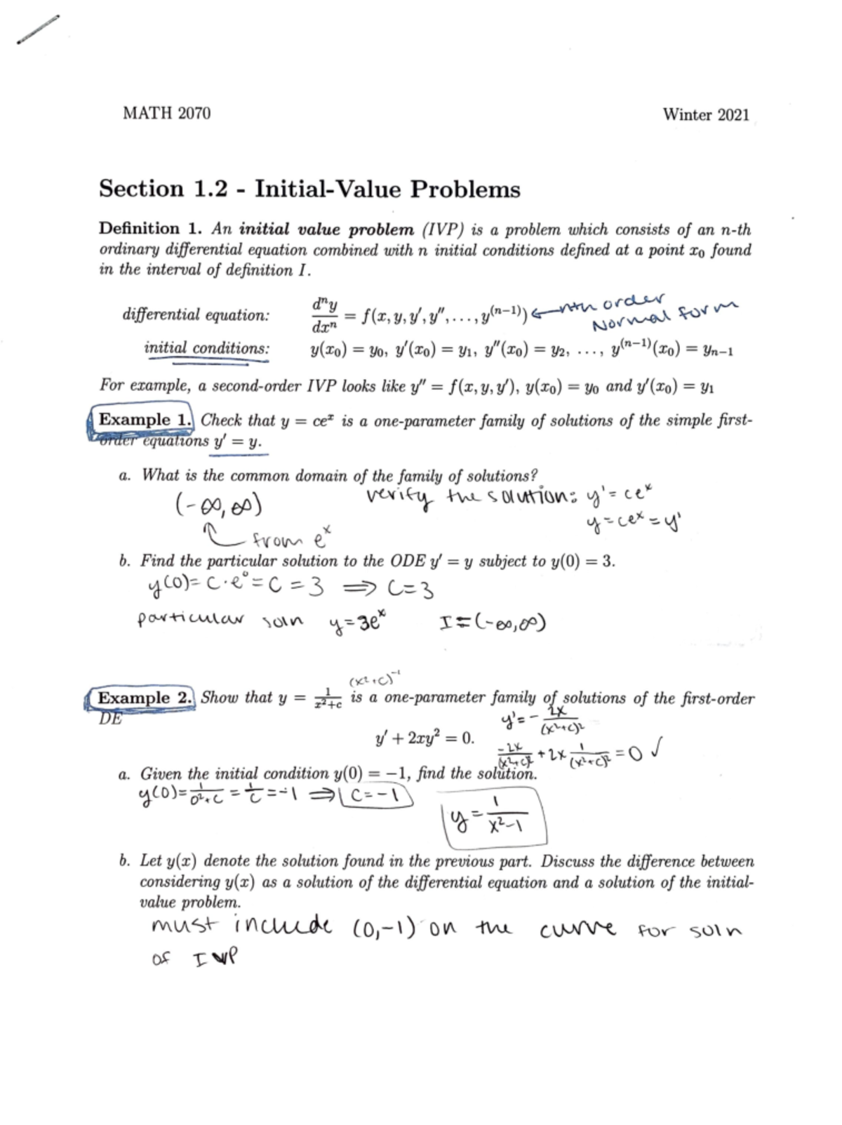 1.2 Initial-Value Problems - MATH 2070 Winter 2021 Section 1 - Initial ...