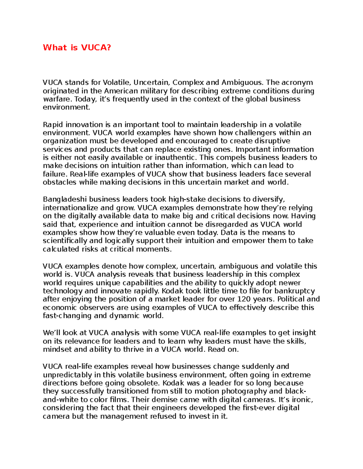 What is VUCA - NOTES - What is VUCA? VUCA stands for Volatile ...