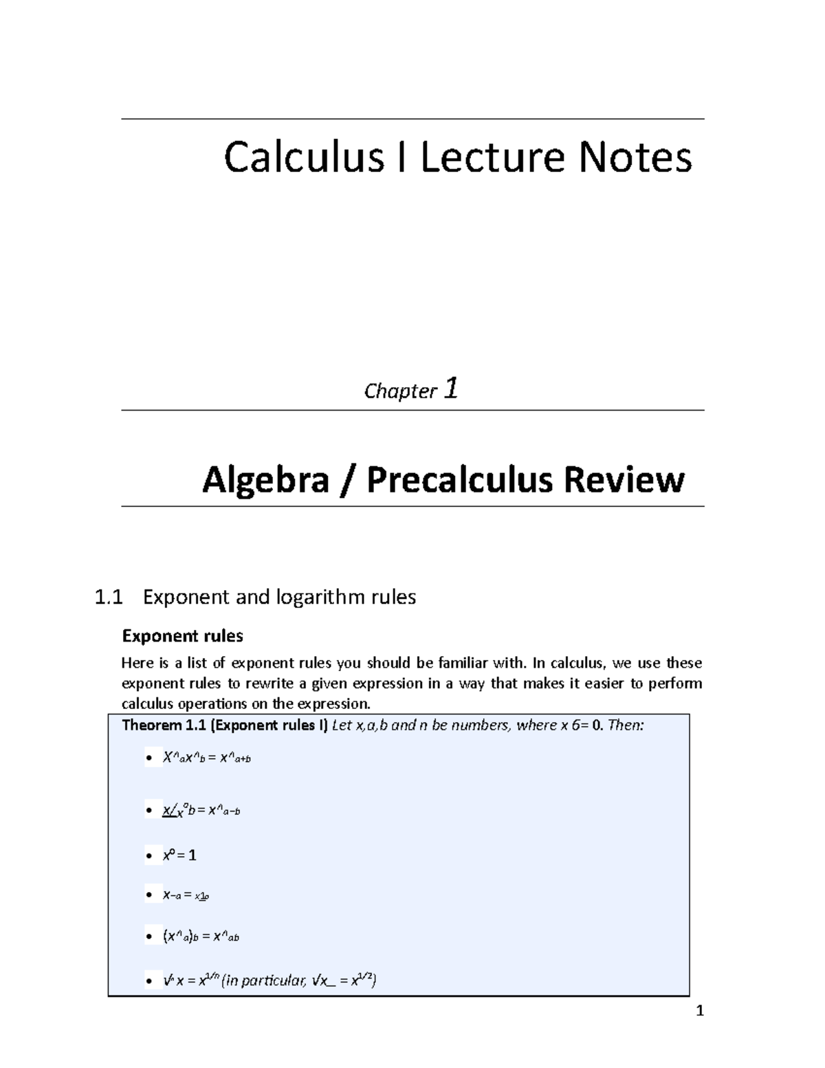 Calculus I Notes #3 - Calculus I Lecture Notes Chapter 1 Algebra ...