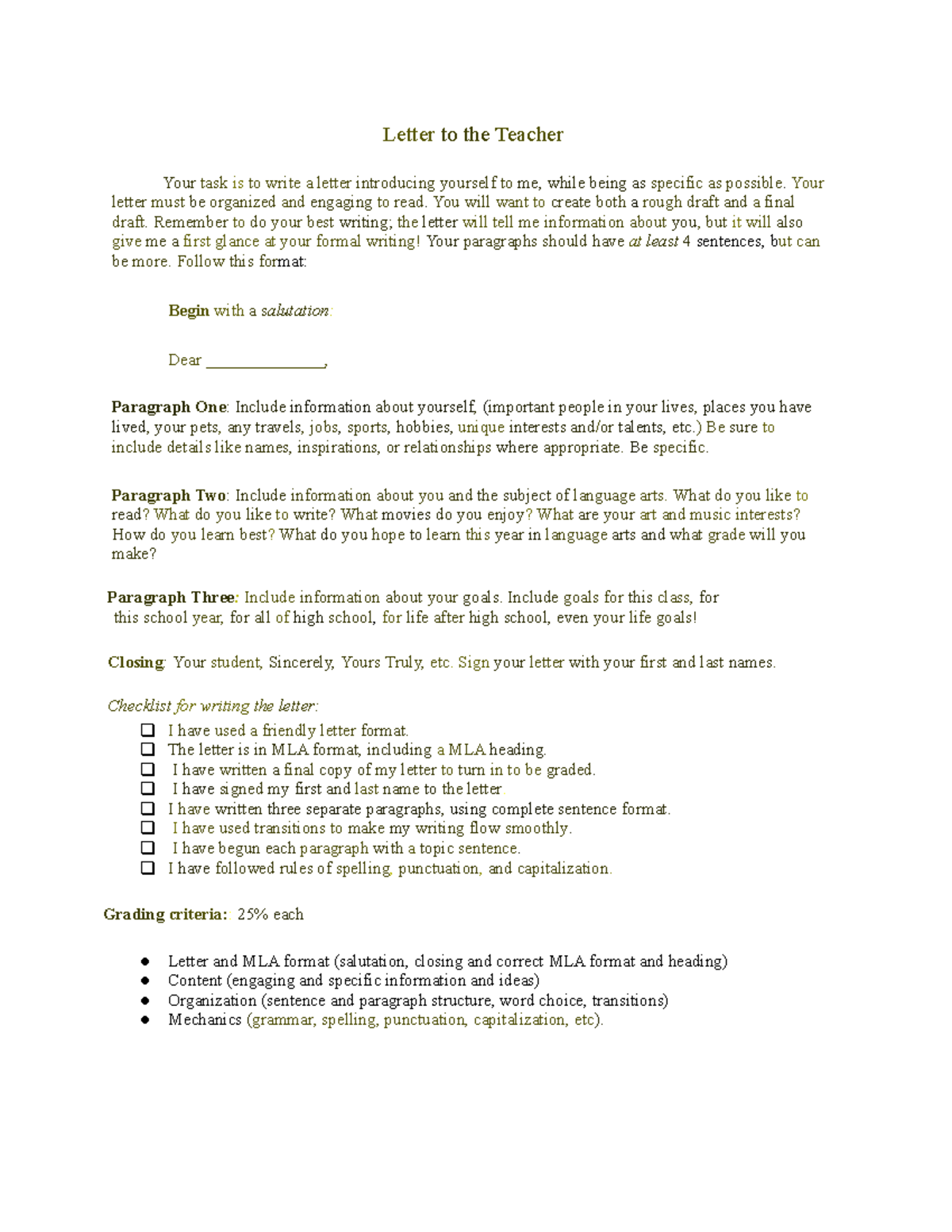 Letter to the Teacher Coutu - Letter to the Teacher Your task is to ...