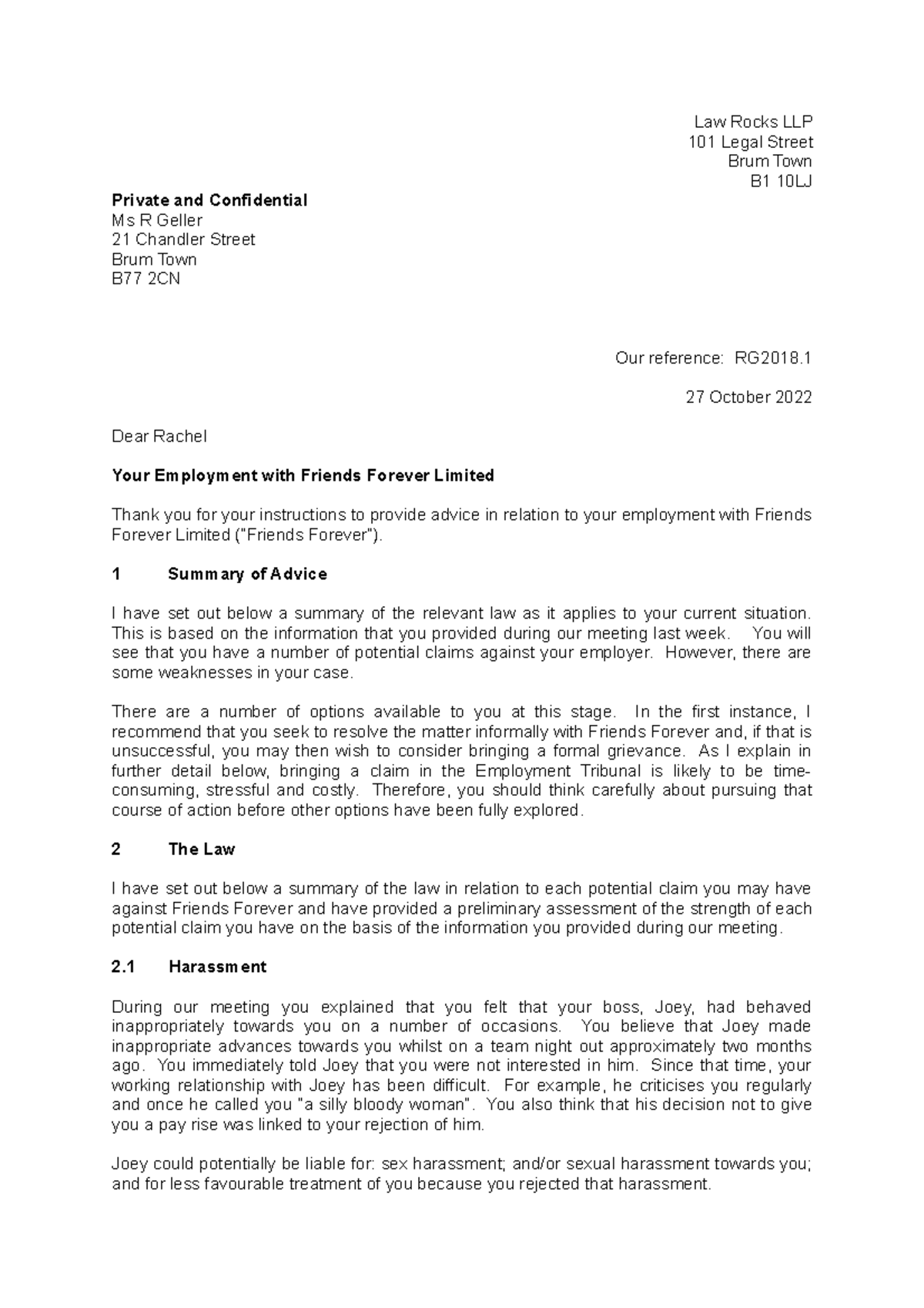 Summative Exemplar Advice Letter - Law Rocks LLP 101 Legal Street Brum ...