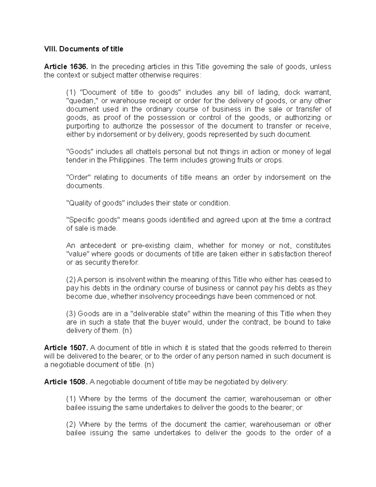 VIII. Documents of Title - VIII. Documents of title Article 1636. - Studocu