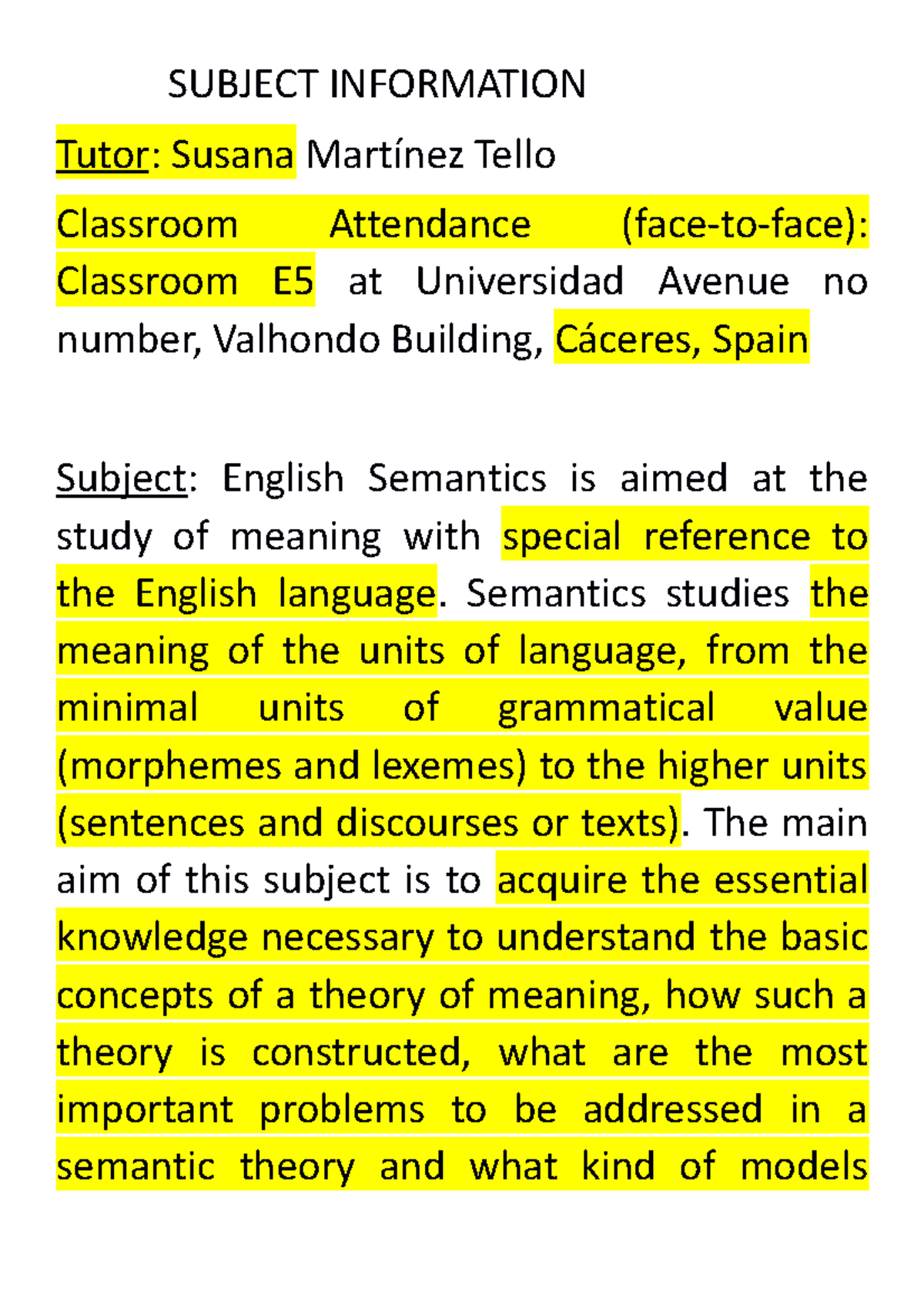 Subject Information - el informe - SUBJECT INFORMATION Tutor: Susana ...