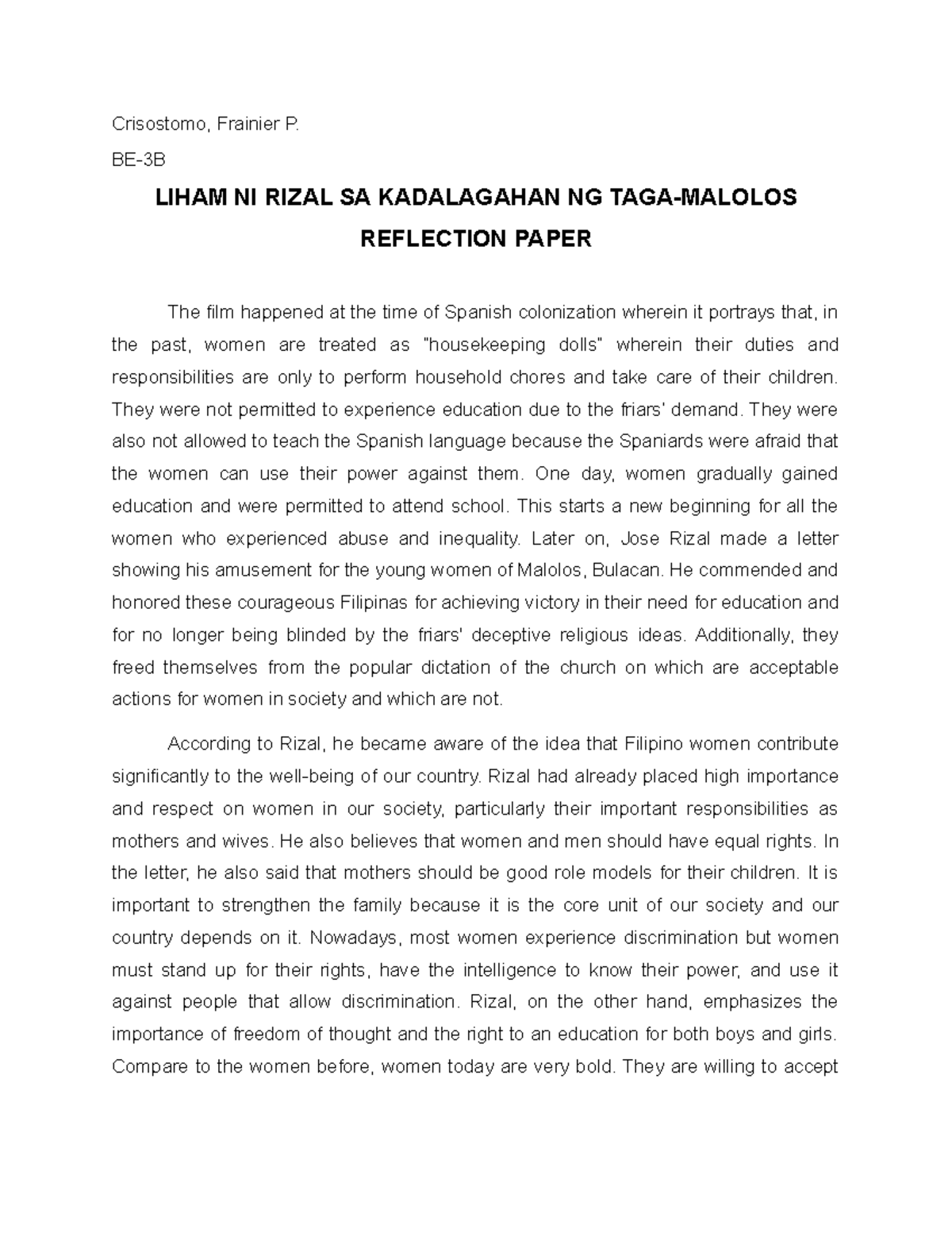 Liham NI Rizal SA Kadalagahan NG TAGA- Malolos - Crisostomo, Frainier P. BE-3B LIHAM NI RIZAL SA ...