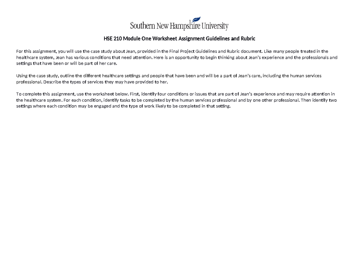 HSE 210 Module One Worksheet Assignment Guidelines and Rubric - Like ...