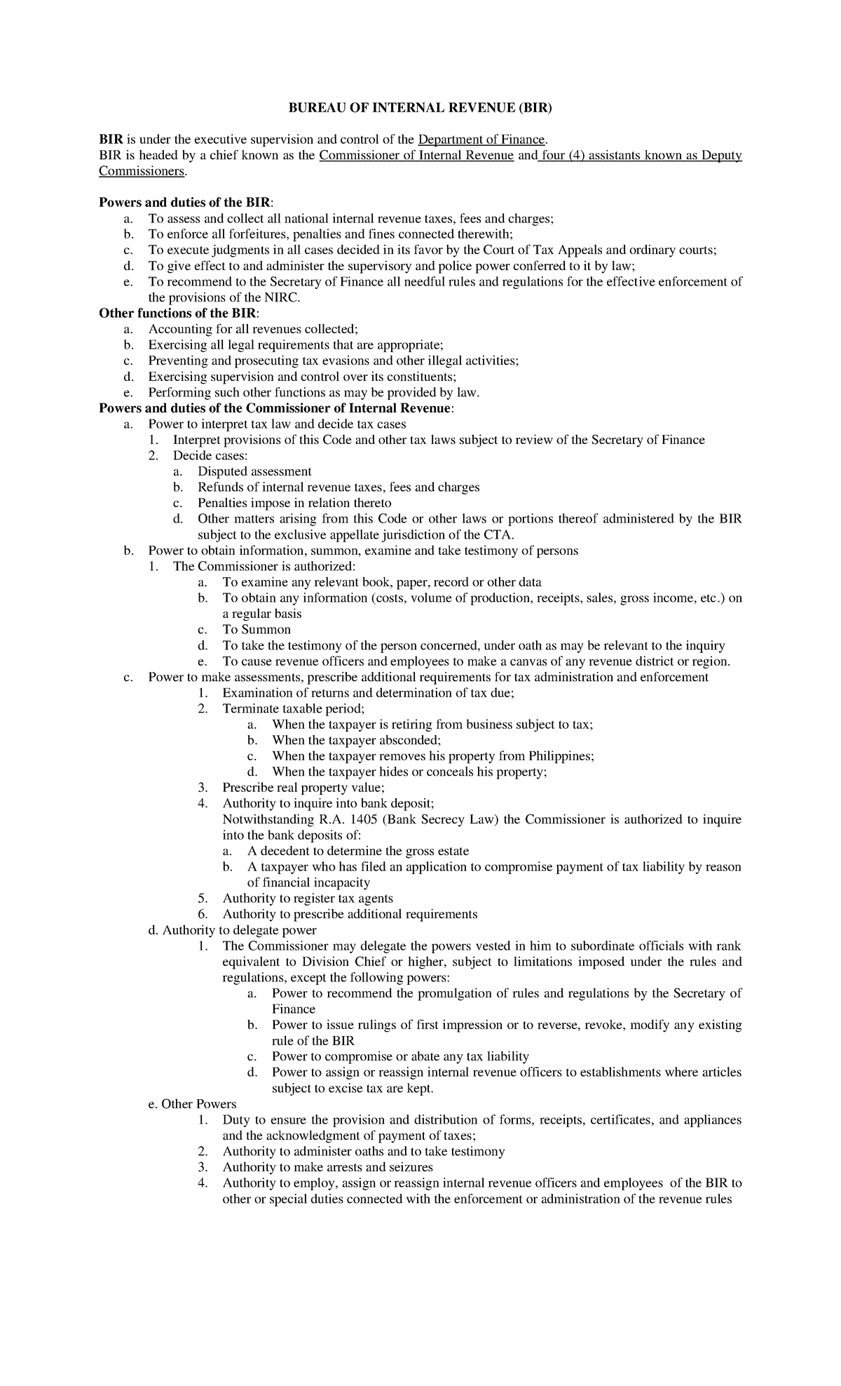 Bureau OF Internal Revenue - BUREAU OF INTERNAL REVENUE (BIR) BIR is ...