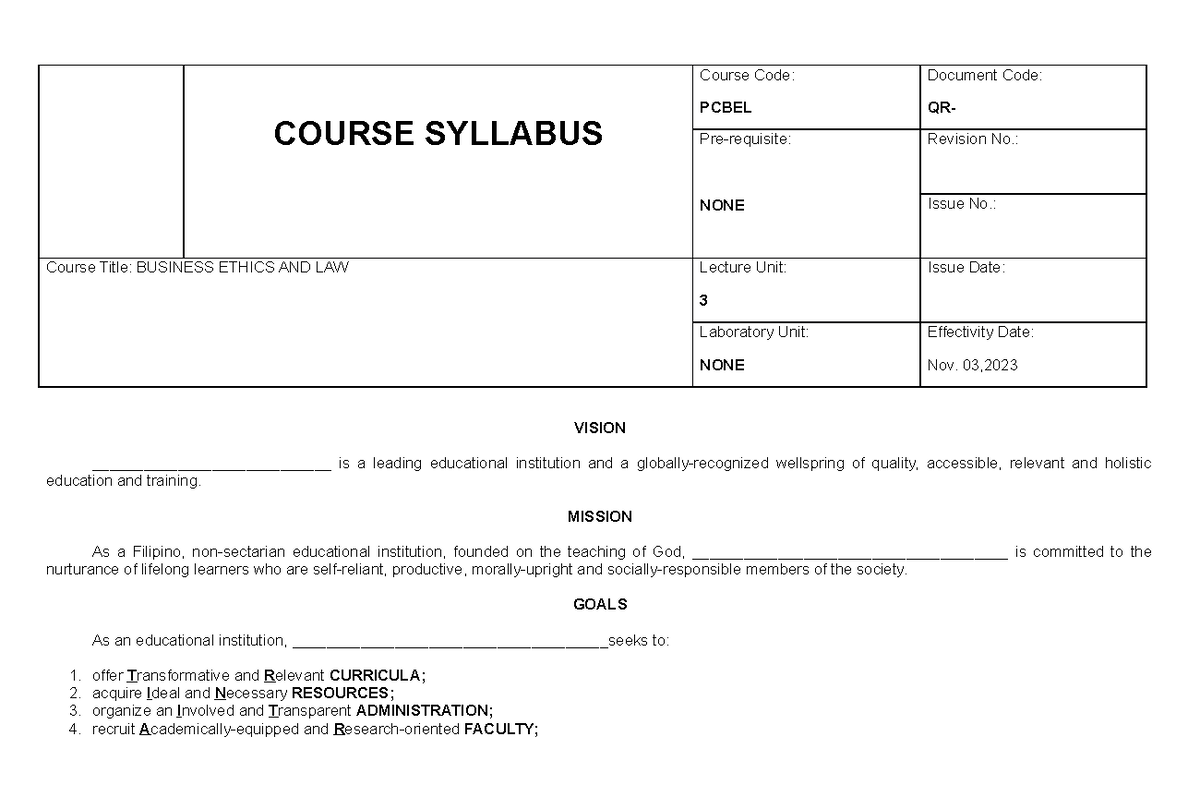 Business Laws and Regulations - COURSE SYLLABUS Course Code: PCBEL Document Code: QR- Pre ...