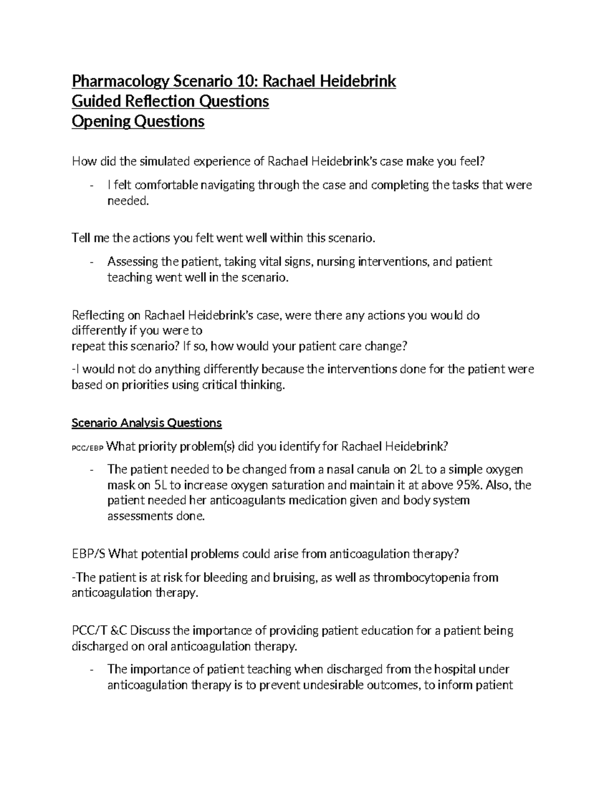 Pharm - Debrief questions vsims - Pharmacology Scenario 10: Rachael ...