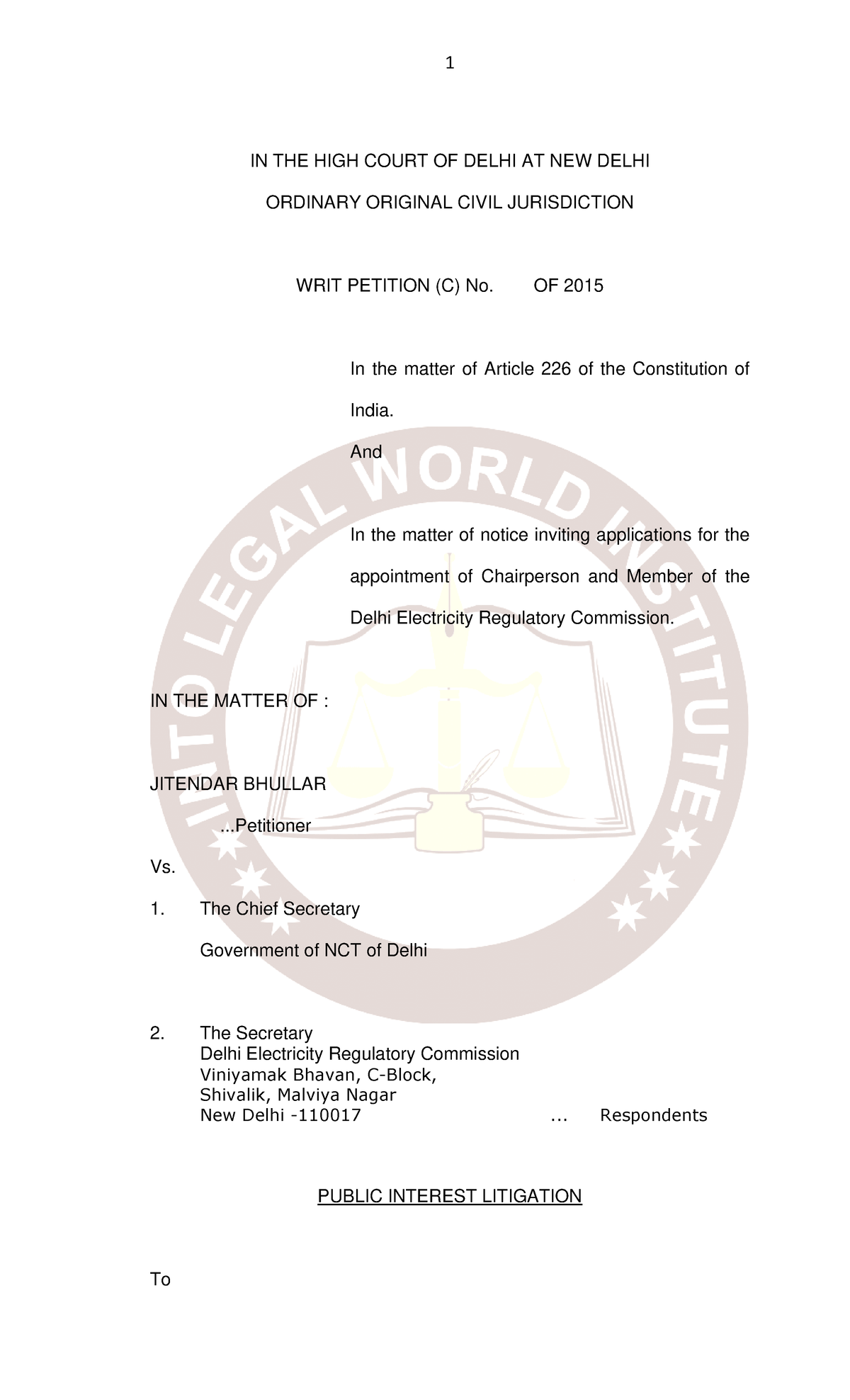 PIL-Format, Writ petition - Co stitutional law - KSLU - Studocu