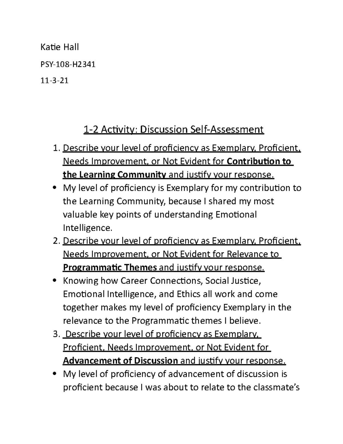 Intro to psychology 1-1 discussion - PSY108 - SNHU - Studocu