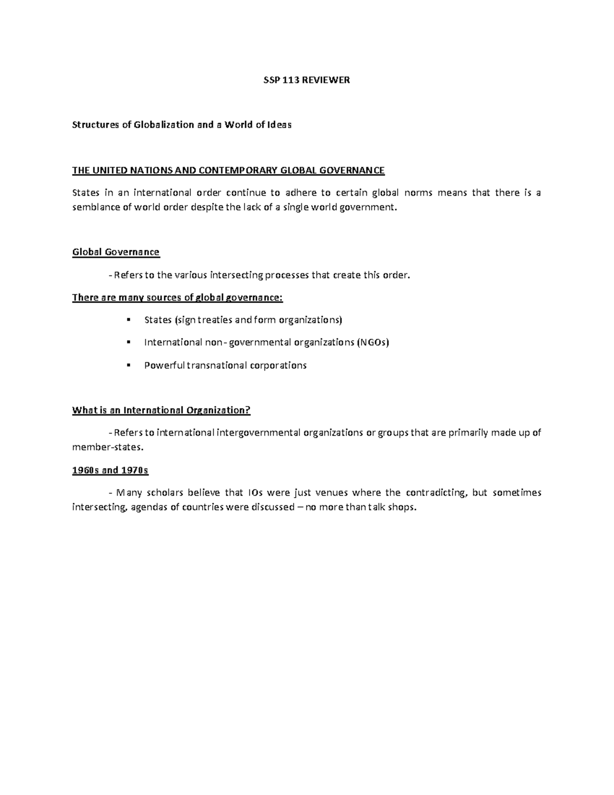 SSP 113 Reviewer - notes - SSP 113 REVIEWER Structures of Globalization ...