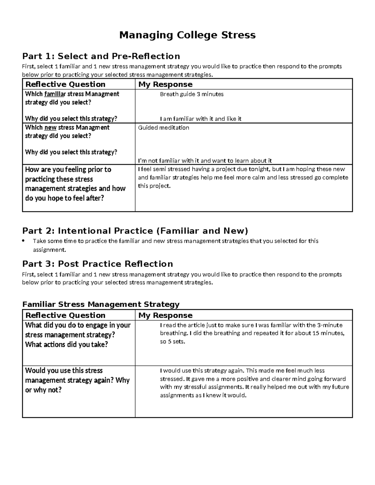 Managing College Stress - Reflective Question My Response Which ...