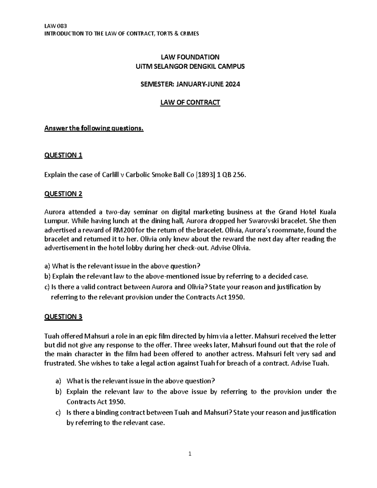 LAW083 Tutorial - contract - LAW 083 INTRODUCTION TO THE LAW OF CONTRACT, TORTS & CRIMES 1 LAW ...