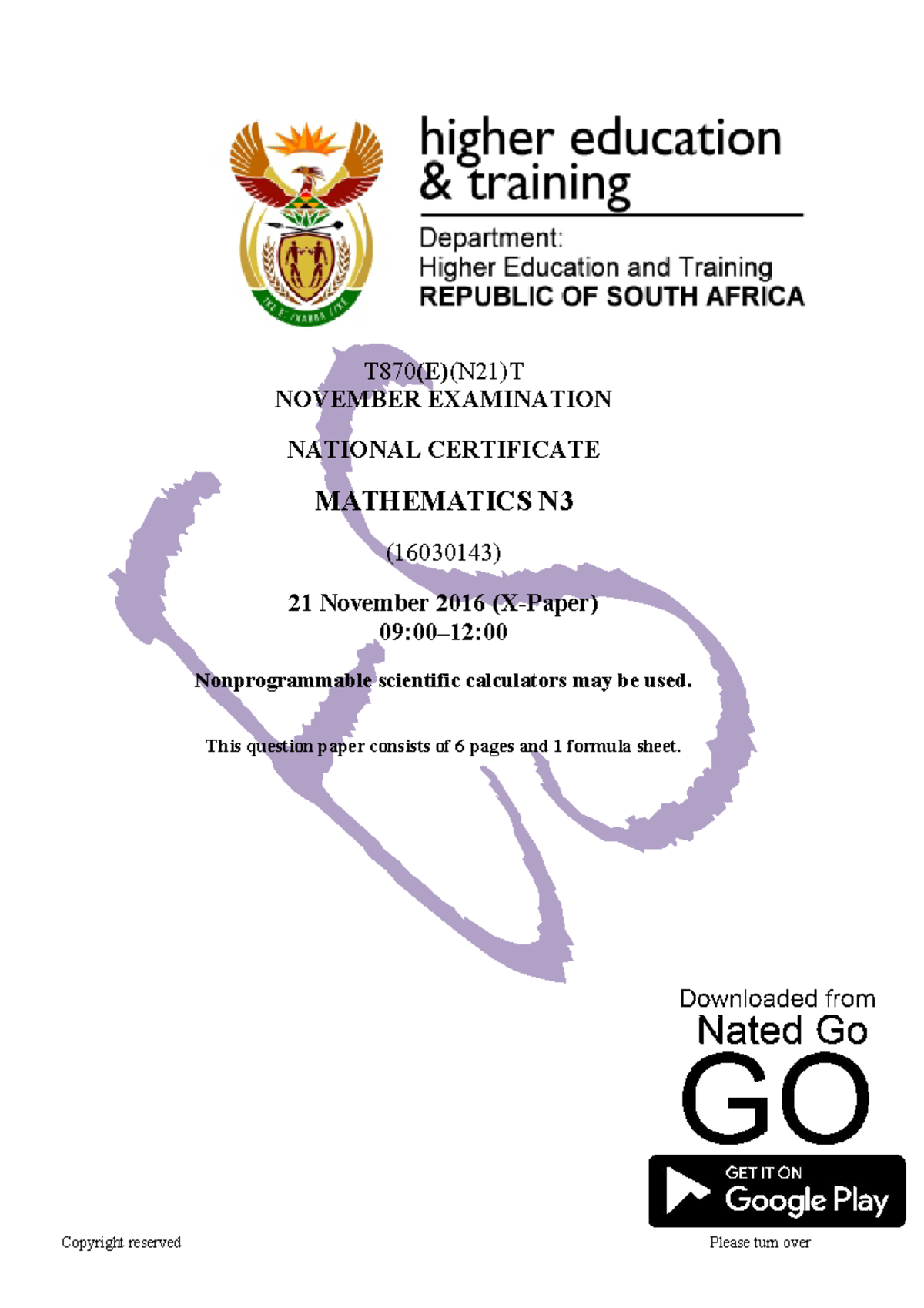 Mathematics N3 2016 - T870(E)(N21)T NOVEMBER EXAMINATION NATIONAL ...