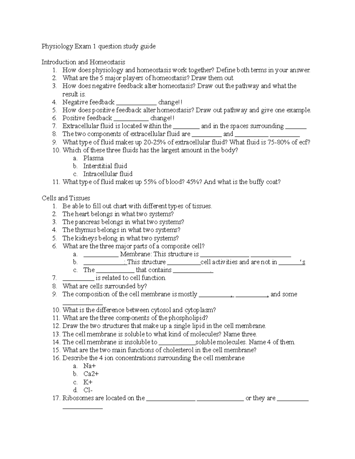 Exam 1 study guide - Physiology Exam 1 question study guide ...