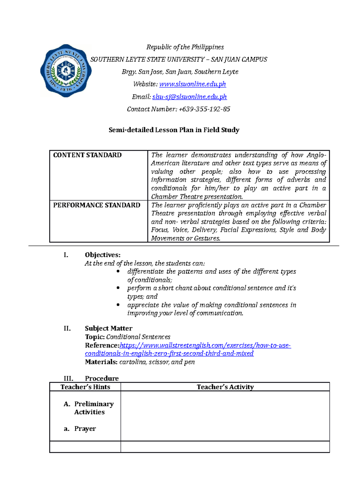 FS LP - lesson plan about conditional sentences - Republic of the Philippines SOUTHERN LEYTE ...