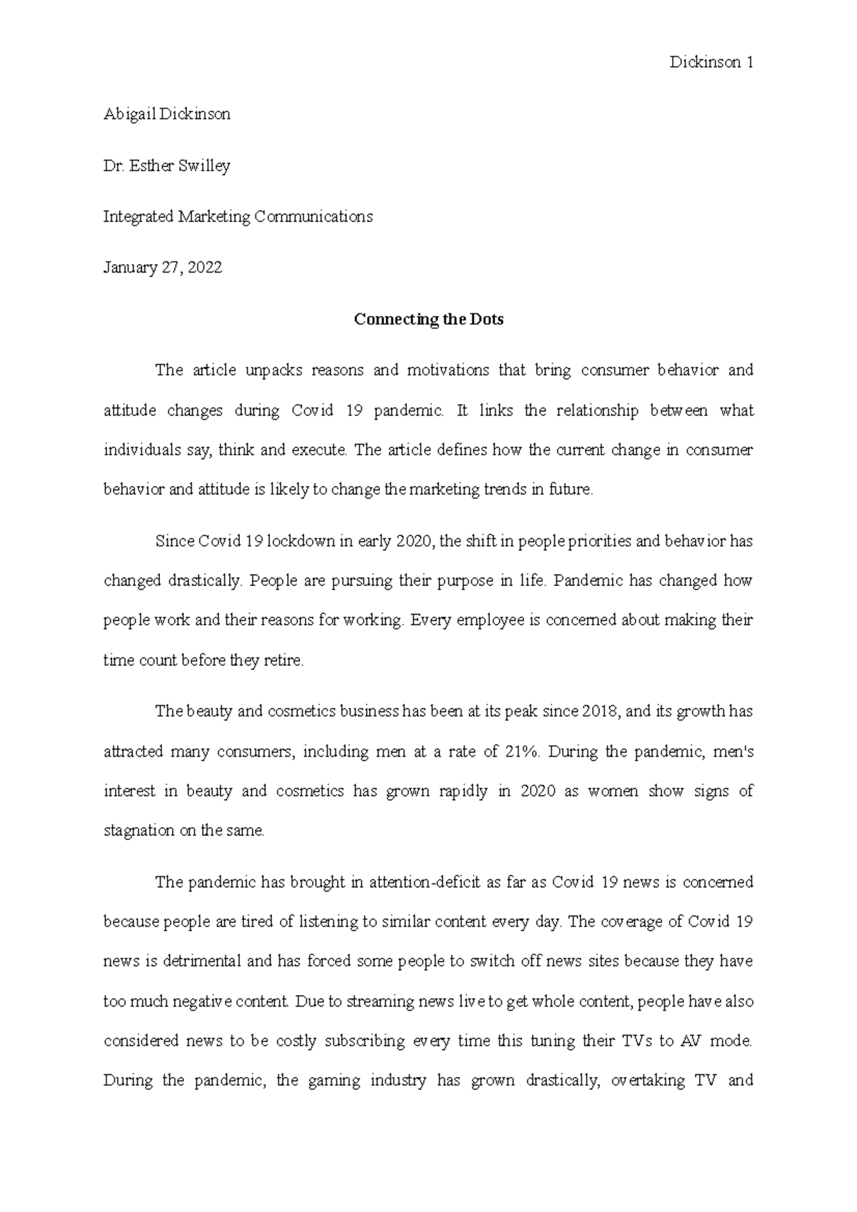 Connecting The Dots Summary Dickinson 1 Abigail Dickinson Dr Esther 