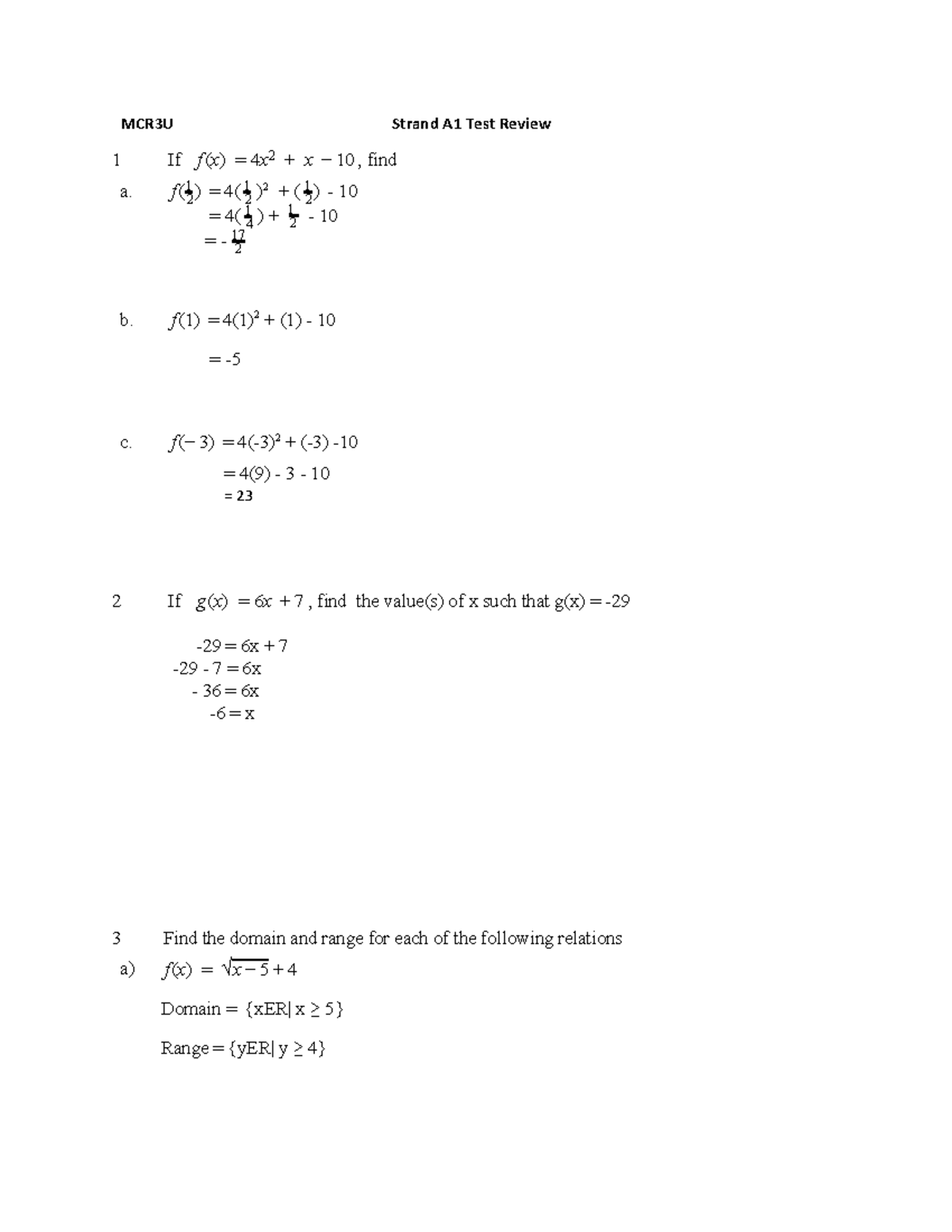Strand A1 Review Answer Key Mcr3u Strand A1 Test Review 1 If F X