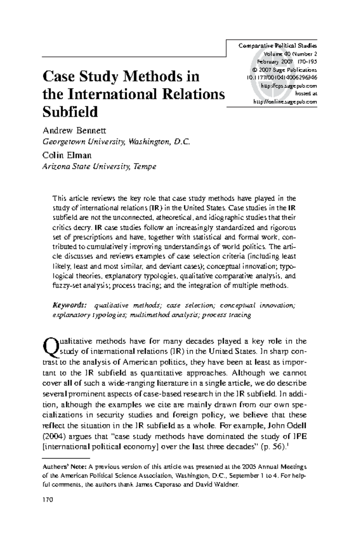 Case Study Methods in - Colin Elman Arizona State University, Tempe ...