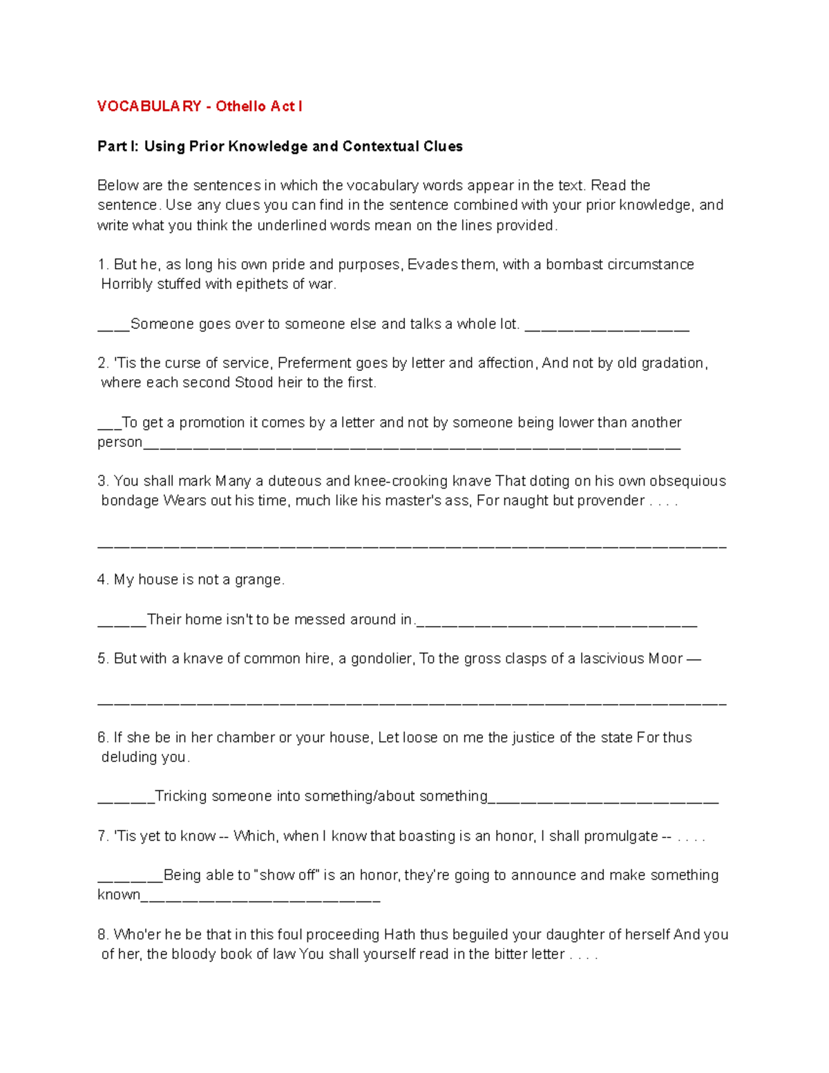 Copy of Vocabulary - Othello Act I - VOCABULARY - Othello Act I Part I ...