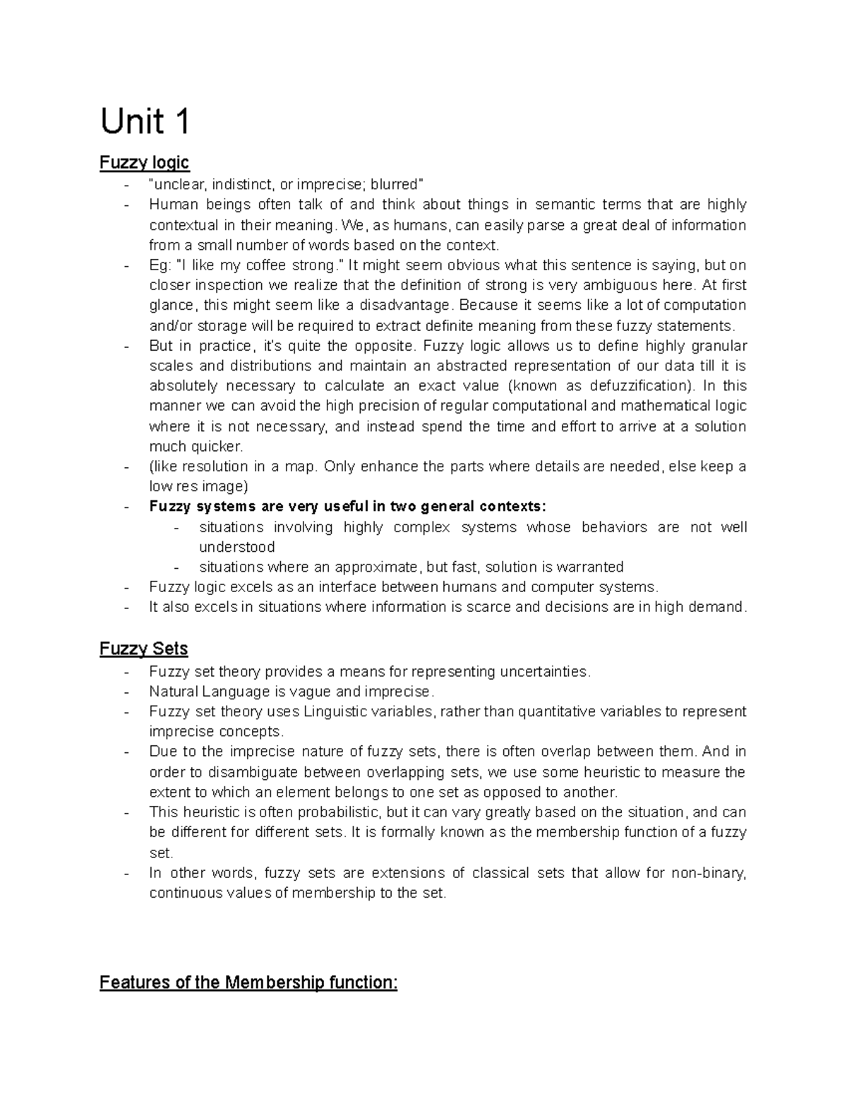 Unit 1 notes SRM University - Unit 1 Fuzzy logic - “unclear, indistinct ...