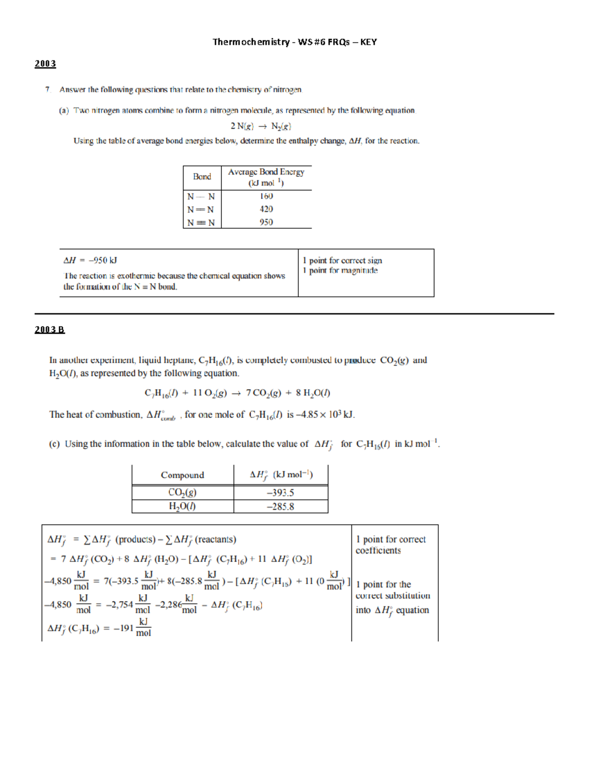 6 Thermochemistry WS 6 FRQs College Board KEY - Thermochemistry - WS #6 ...