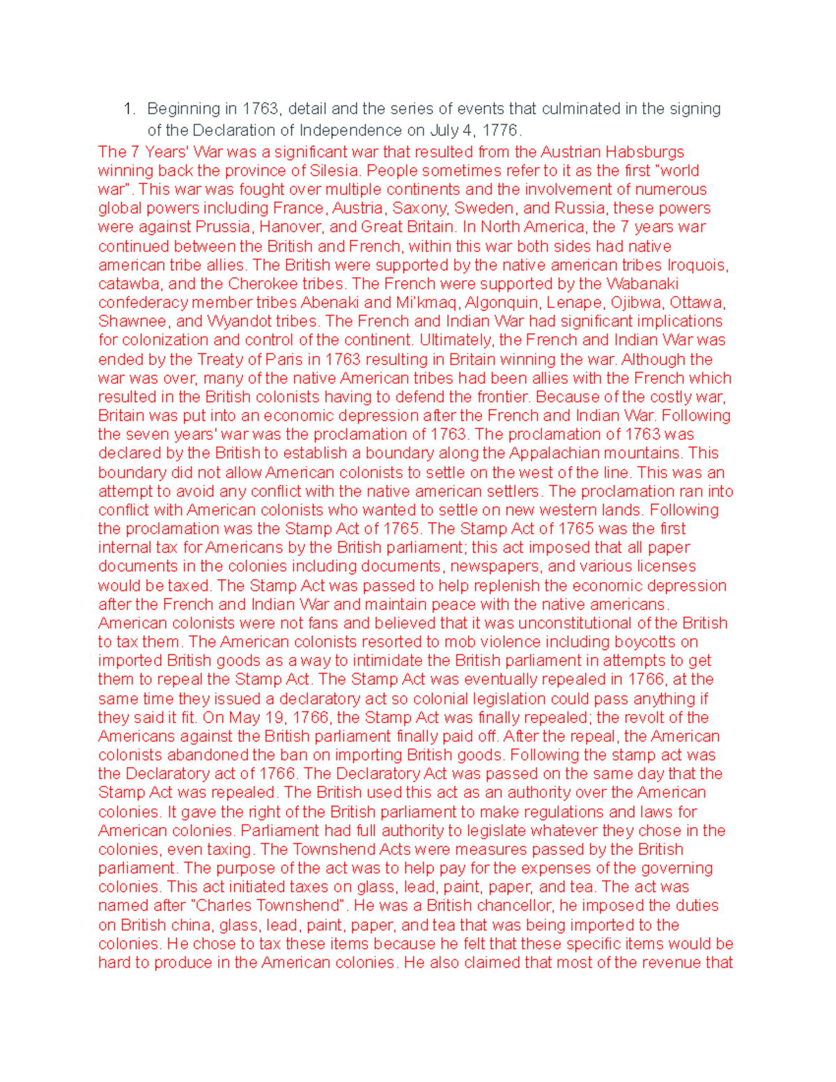 History essay part 2-2 - Beginning in 1763, detail and the series of ...