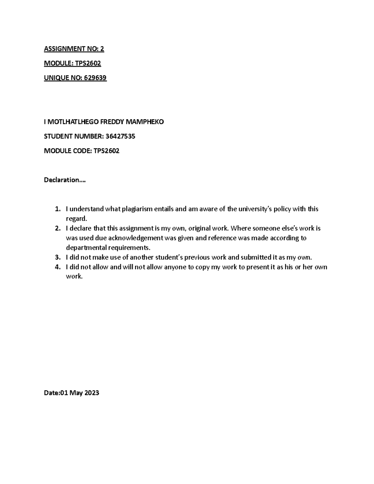 Assignment no 2 TPS2602 - ASSIGNMENT NO: 2 MODULE: TPS UNIQUE NO ...