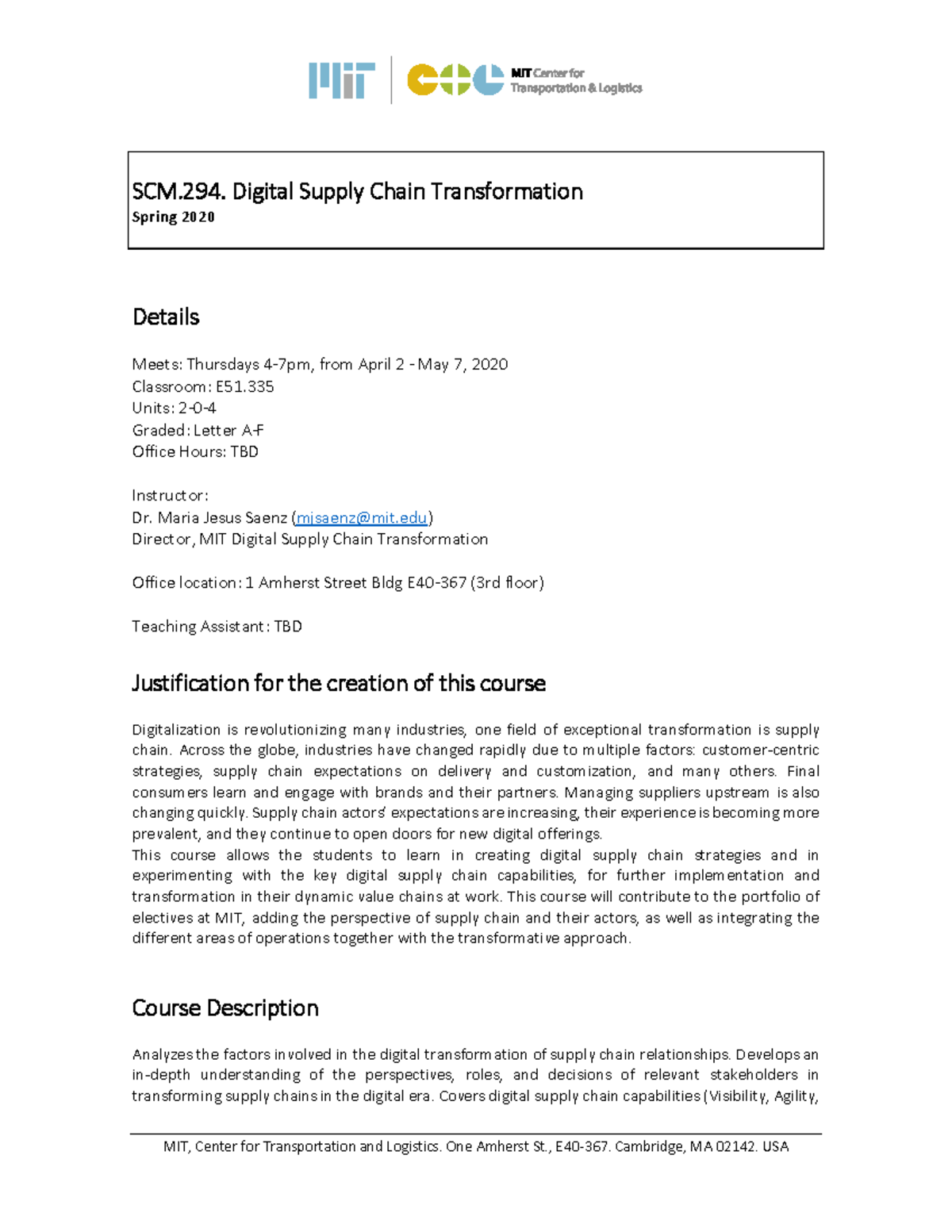 MIT SCM 294 Digital SC Transformation Syllabus with Schedule - SCM. 2 ...