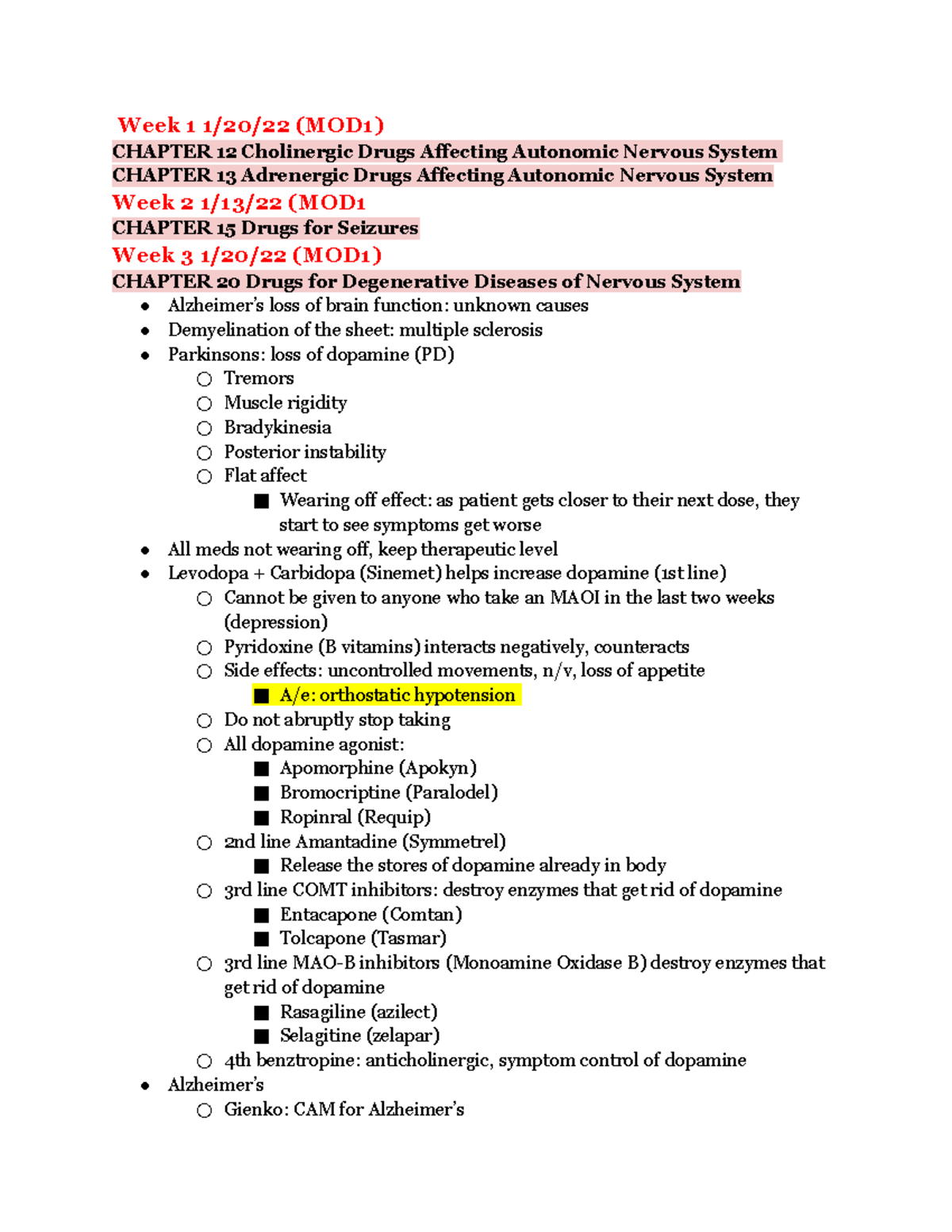 Lecture Notes (Pharm II) - Week 1 1/20/22 (MOD1) CHAPTER 12 Cholinergic ...