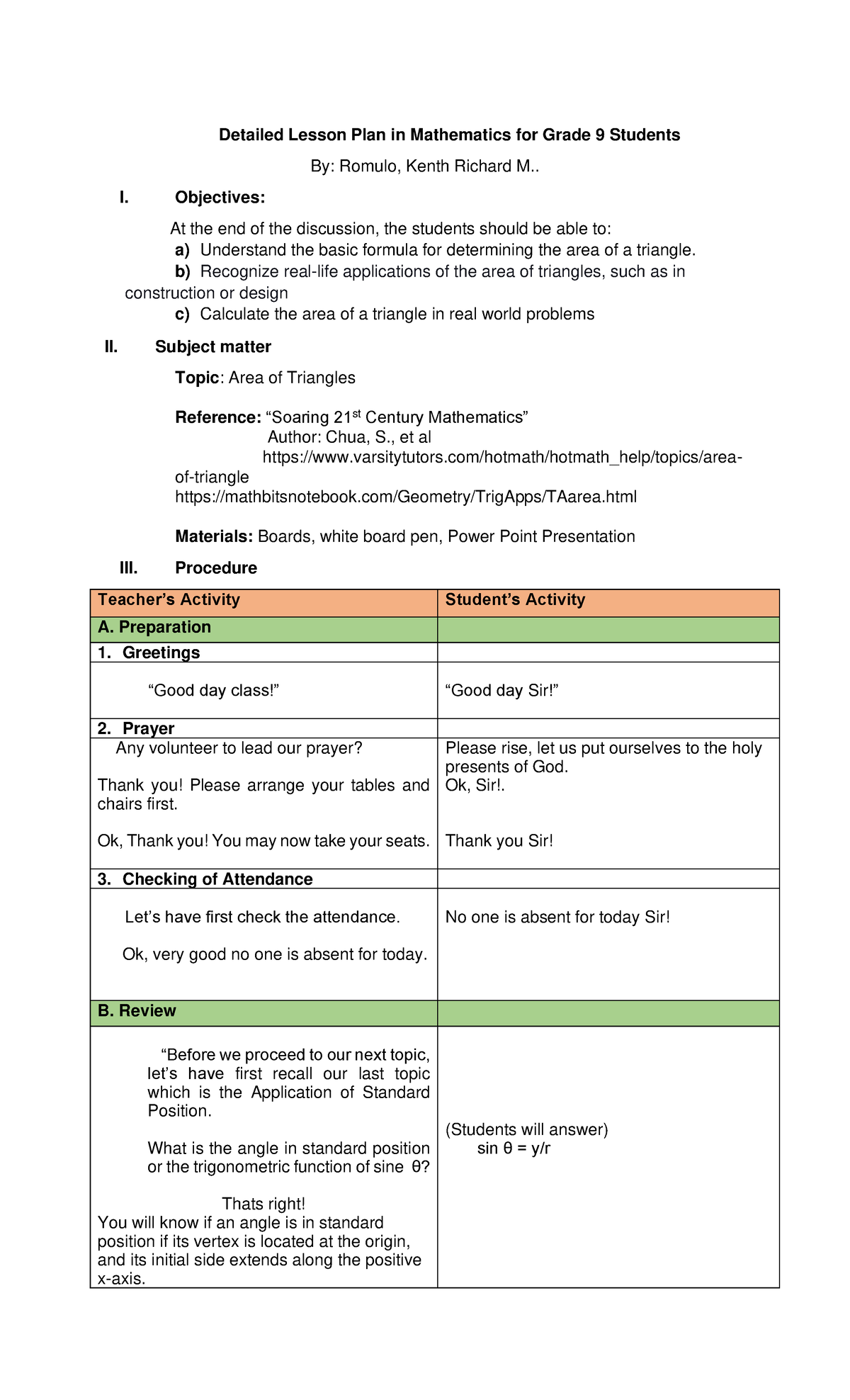 Area of Triangle - math - Detailed Lesson Plan in Mathematics for Grade ...
