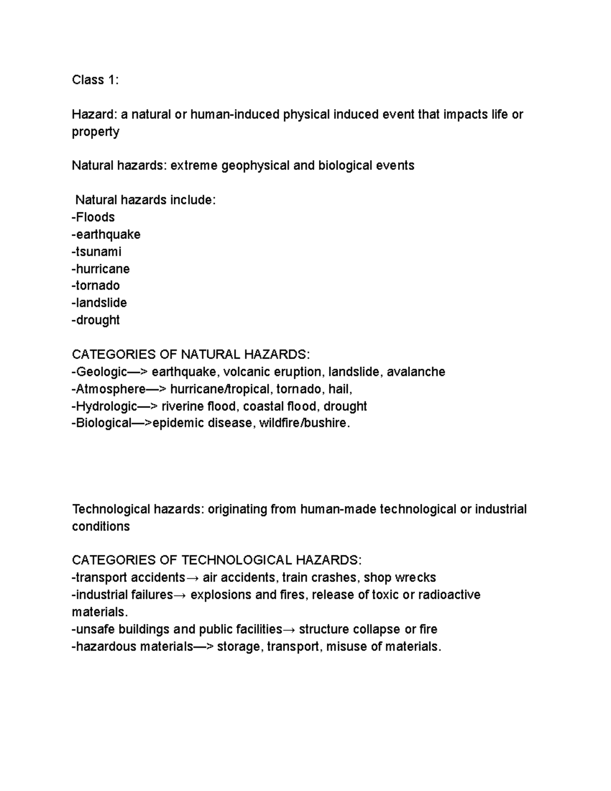 GEO Study (class 1-4) - Lecture notes from weeks 1-4 - Class 1: Hazard ...