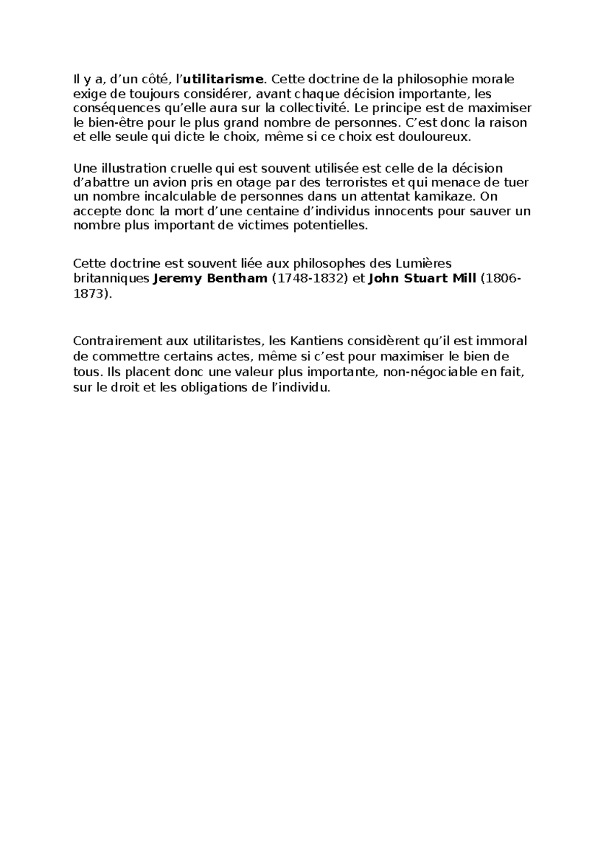 Kant VS Utilitarisme - notes de cours - Il y a, d’un côté, l ...