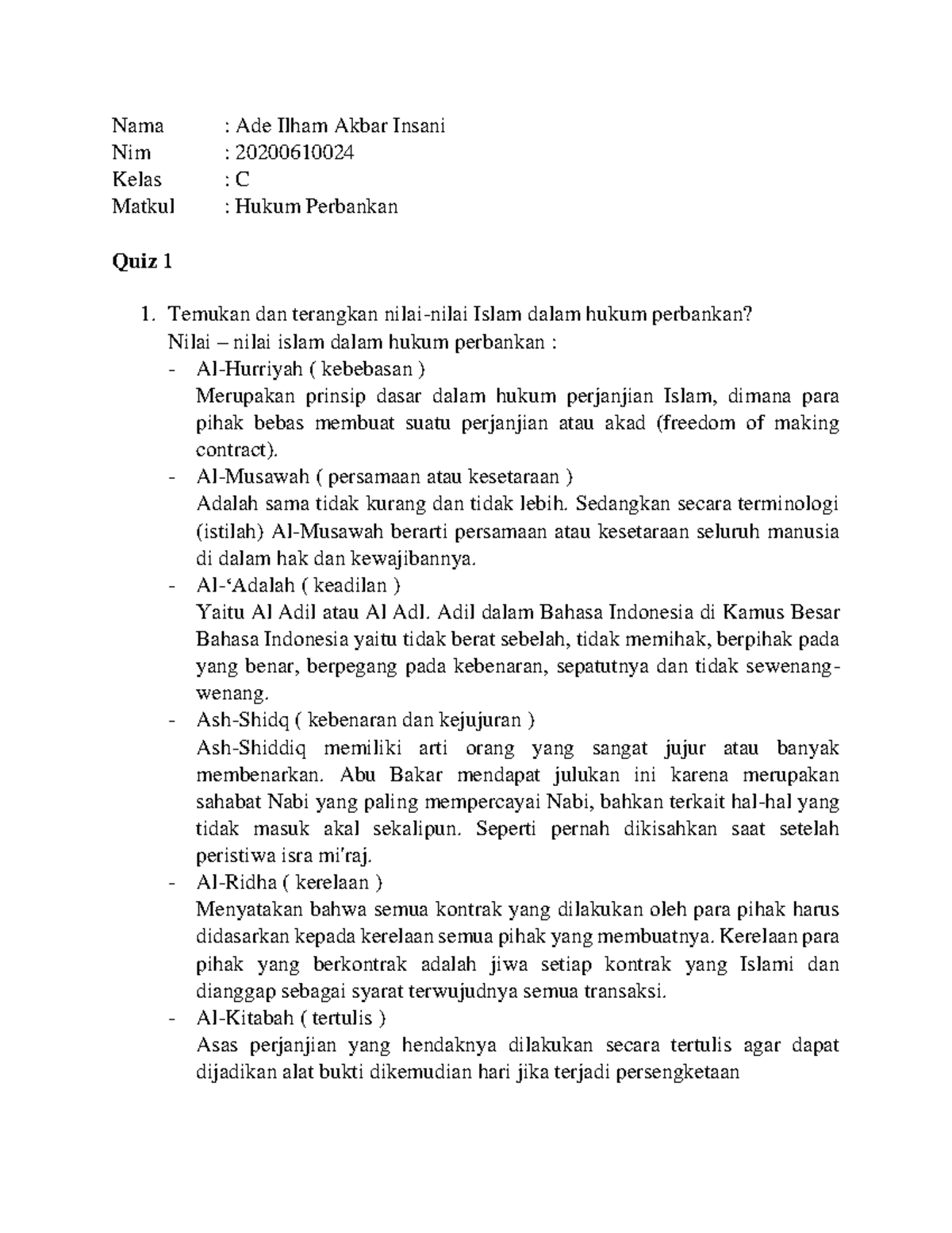 ADE Ilham A.I 024 QUIZ1 HK Perbankan C - Nama : Ade Ilham Akbar Insani ...