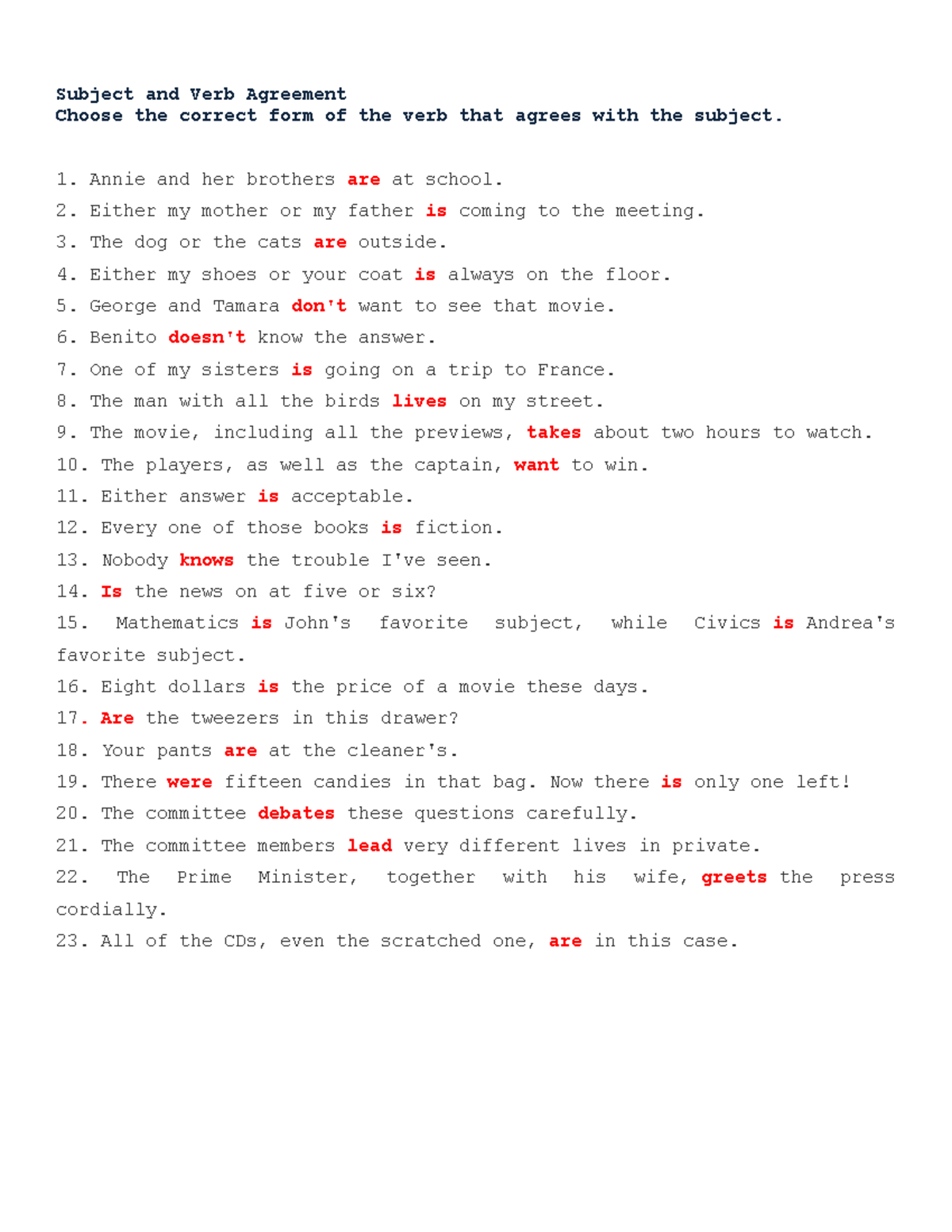 Subject VERB Agreement Activity - Subject and Verb Agreement Choose the ...