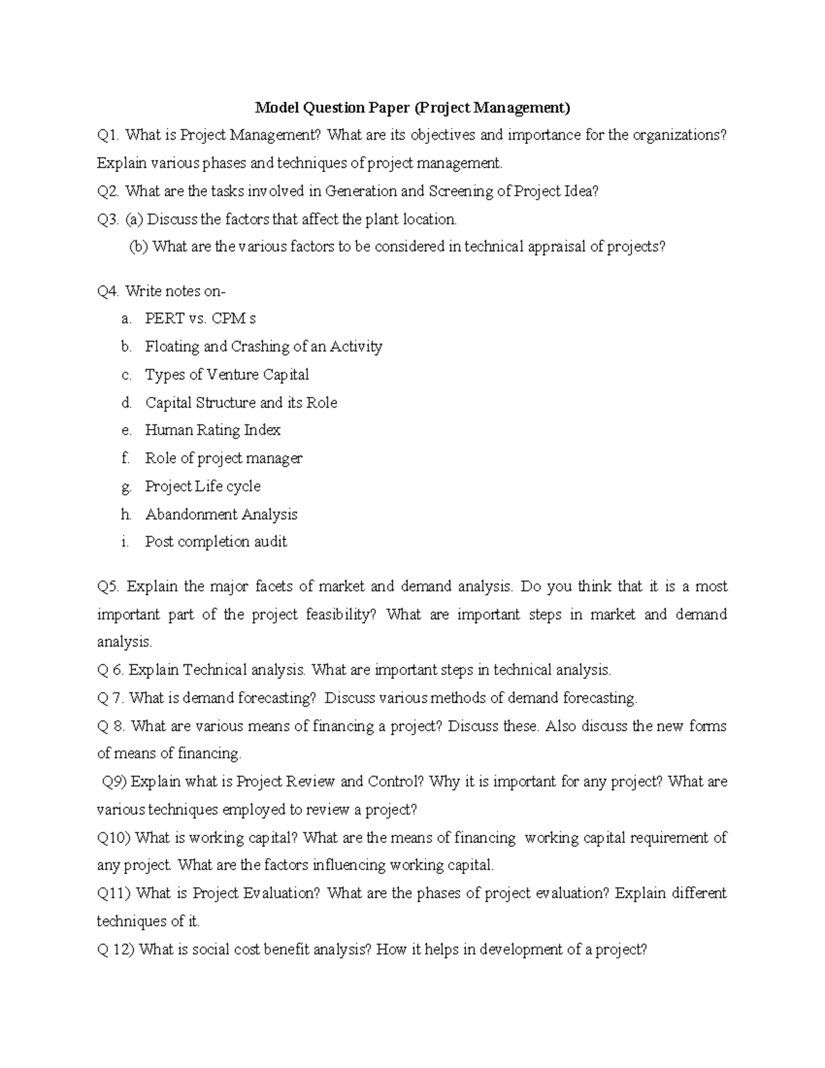 Model Question Paper-PM - What is Project Management? What are its ...