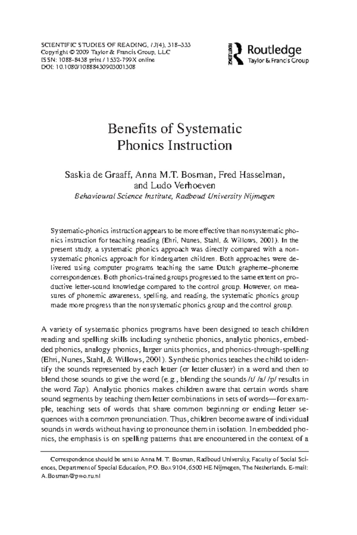 Phonics instruction 2 - Notes - Benefits of Systematic Phonics ...
