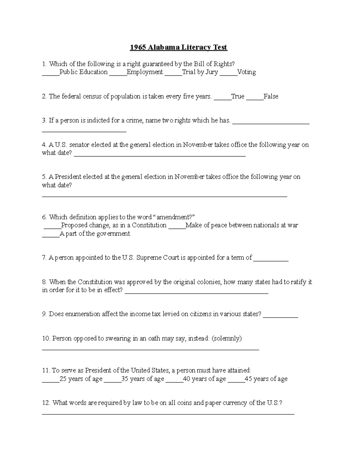 Literacy Test Exercise GOVT 2305 No answers-1 - 1965 Alabama Literacy ...