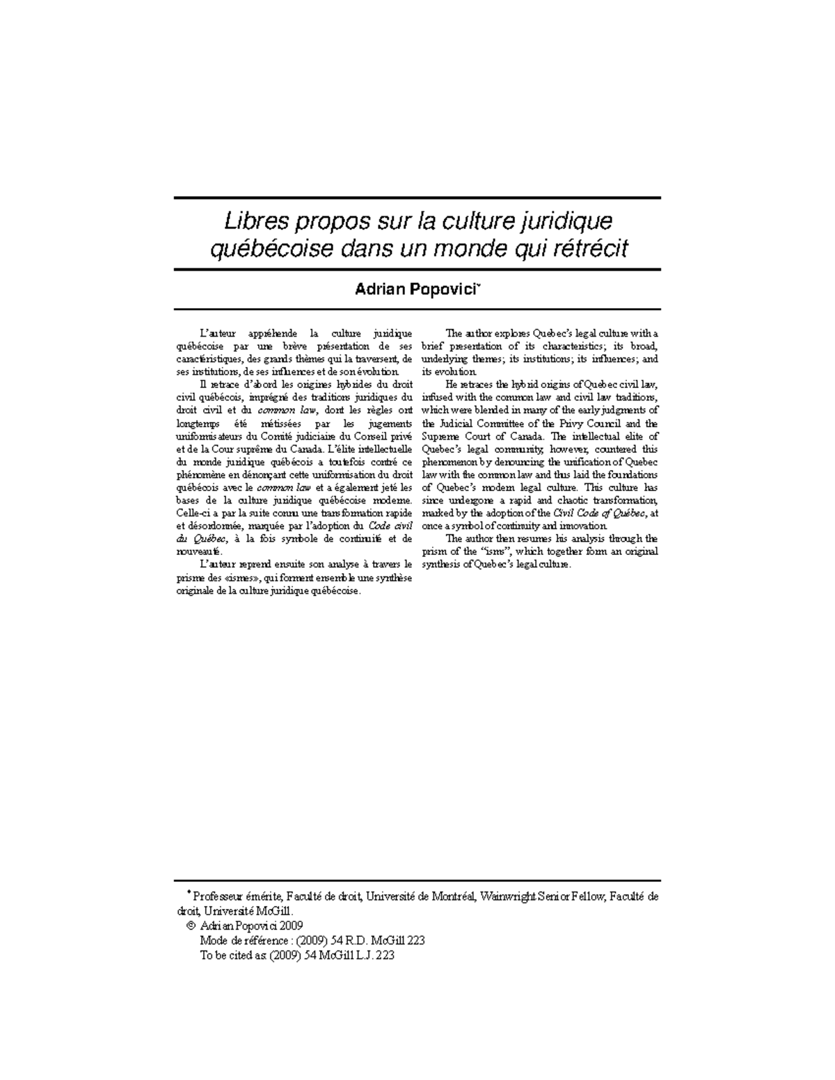 Adrian Popovici- Libres propos sur la culture juridique québécoise ...