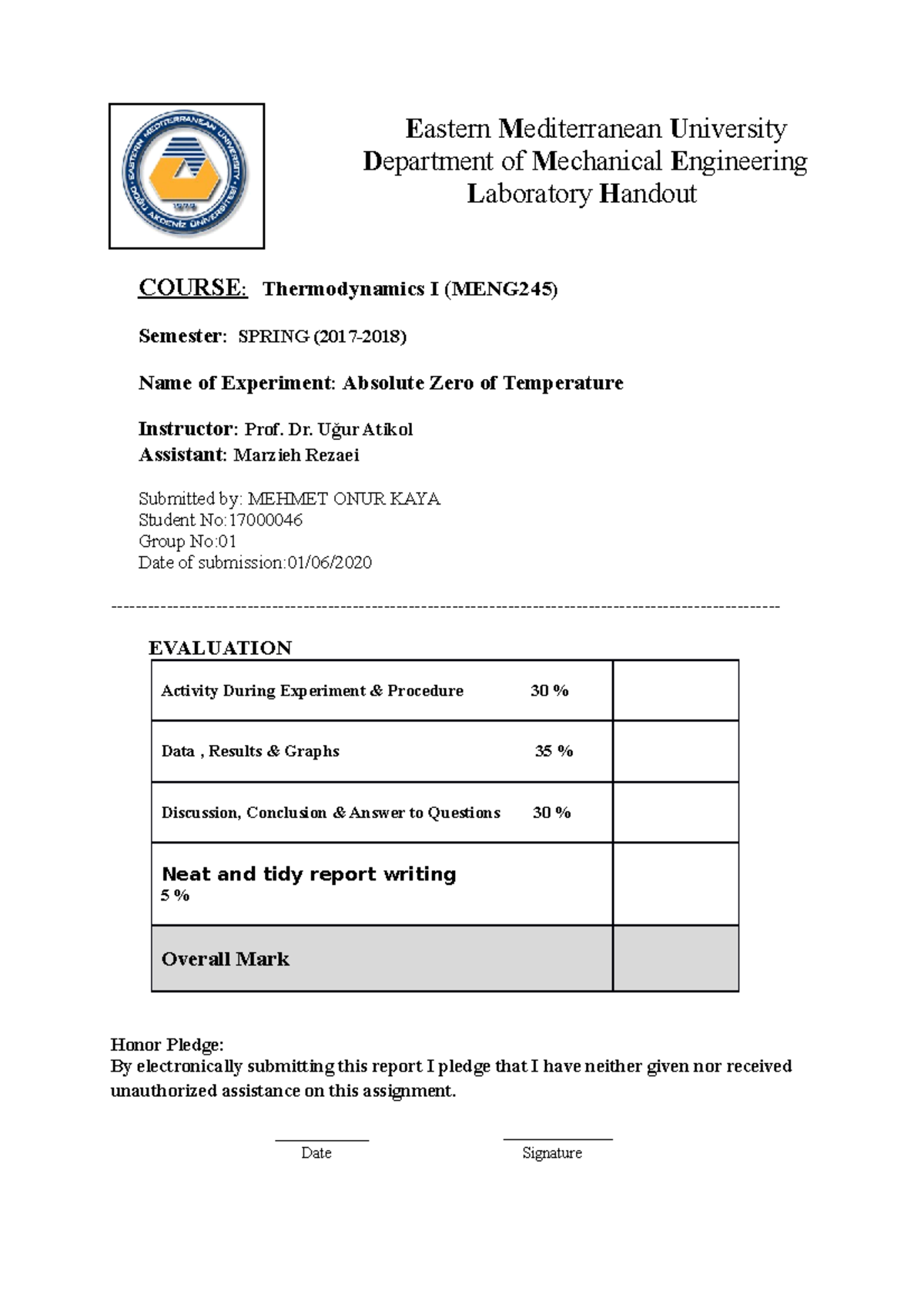 Expriment 1(Thermodynamics Lab Absolute Zero) - Eastern Mediterranean ...