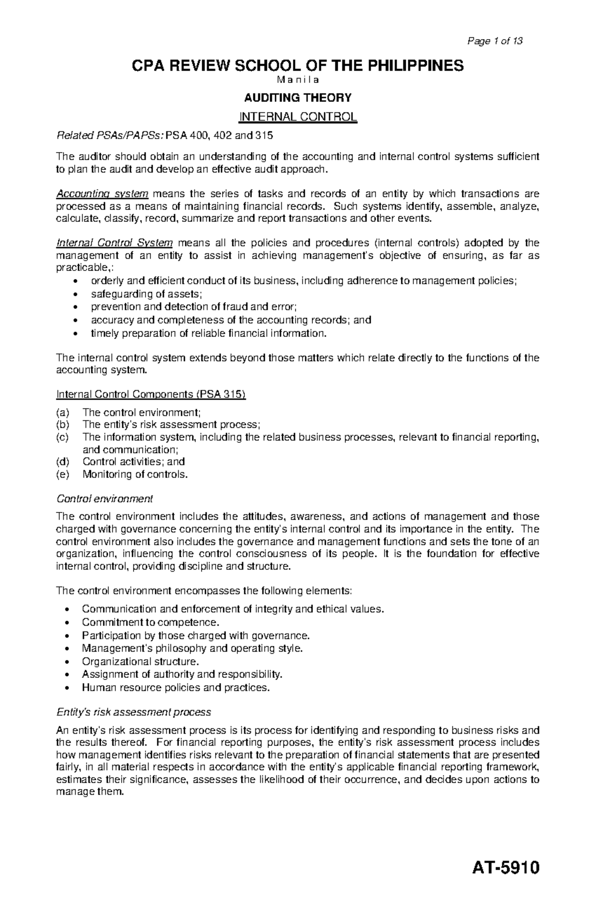 AT Quizzer (CPAR) - Internal Control - CPA REVIEW SCHOOL OF THE ...