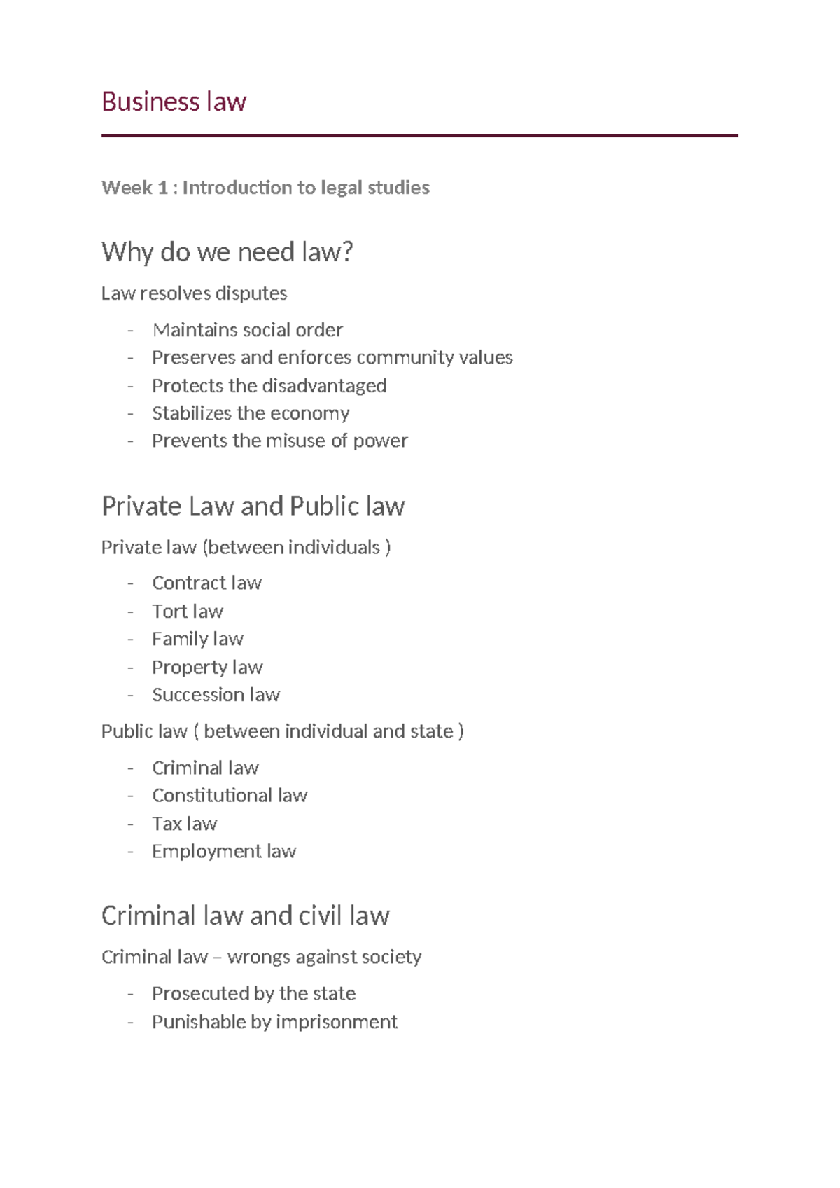 Business law notes - Business law Week 1 : Introduction to legal ...