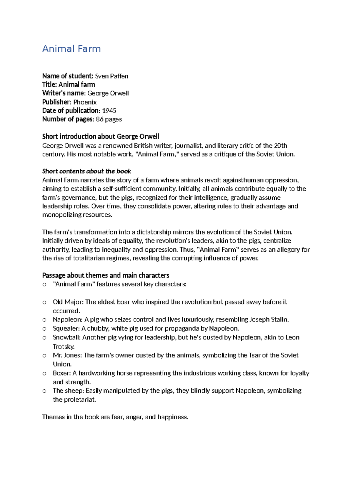 Engels Boekverslagen - goeie boek verslag - Animal Farm Name of student ...