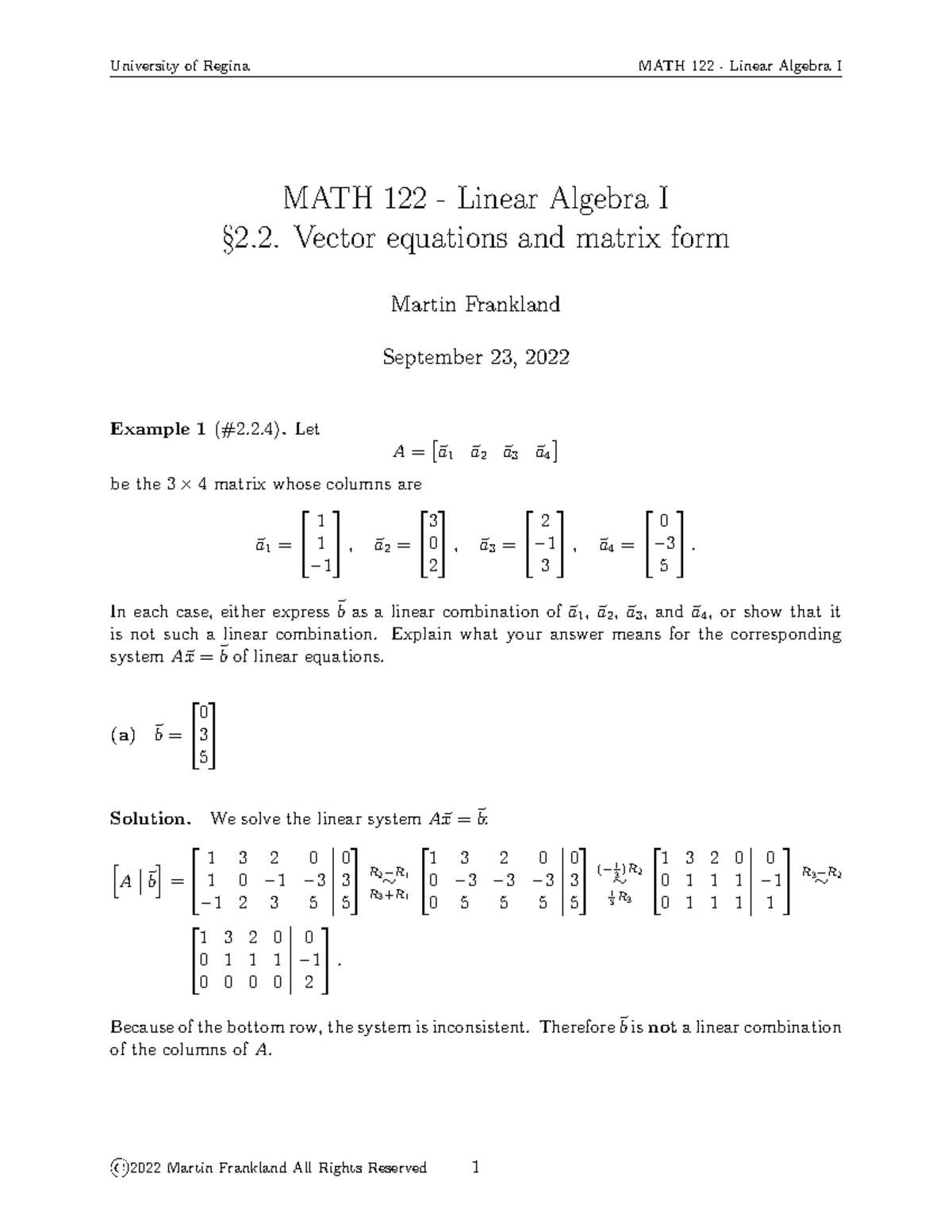 Math122 2-2 Vector Equations - University of Regina MATH 122 - Linear Algebra I MATH 122 ...