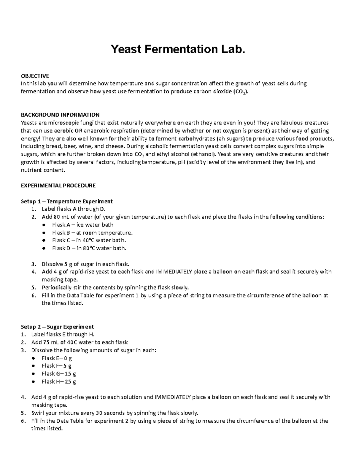 Yeast Fermentation Lab 2019 Yeast Fermentation Lab Objective In This Lab You Will Determine