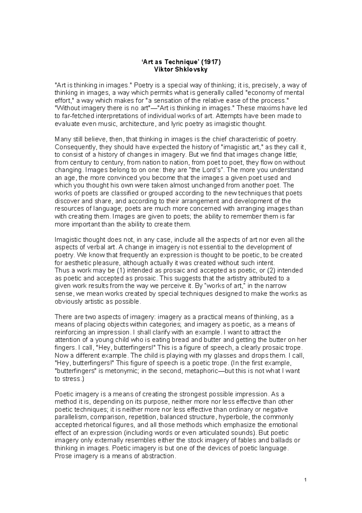 Art as Technique - Shklovsky - ‘Art as Technique’ (1917) Viktor ...