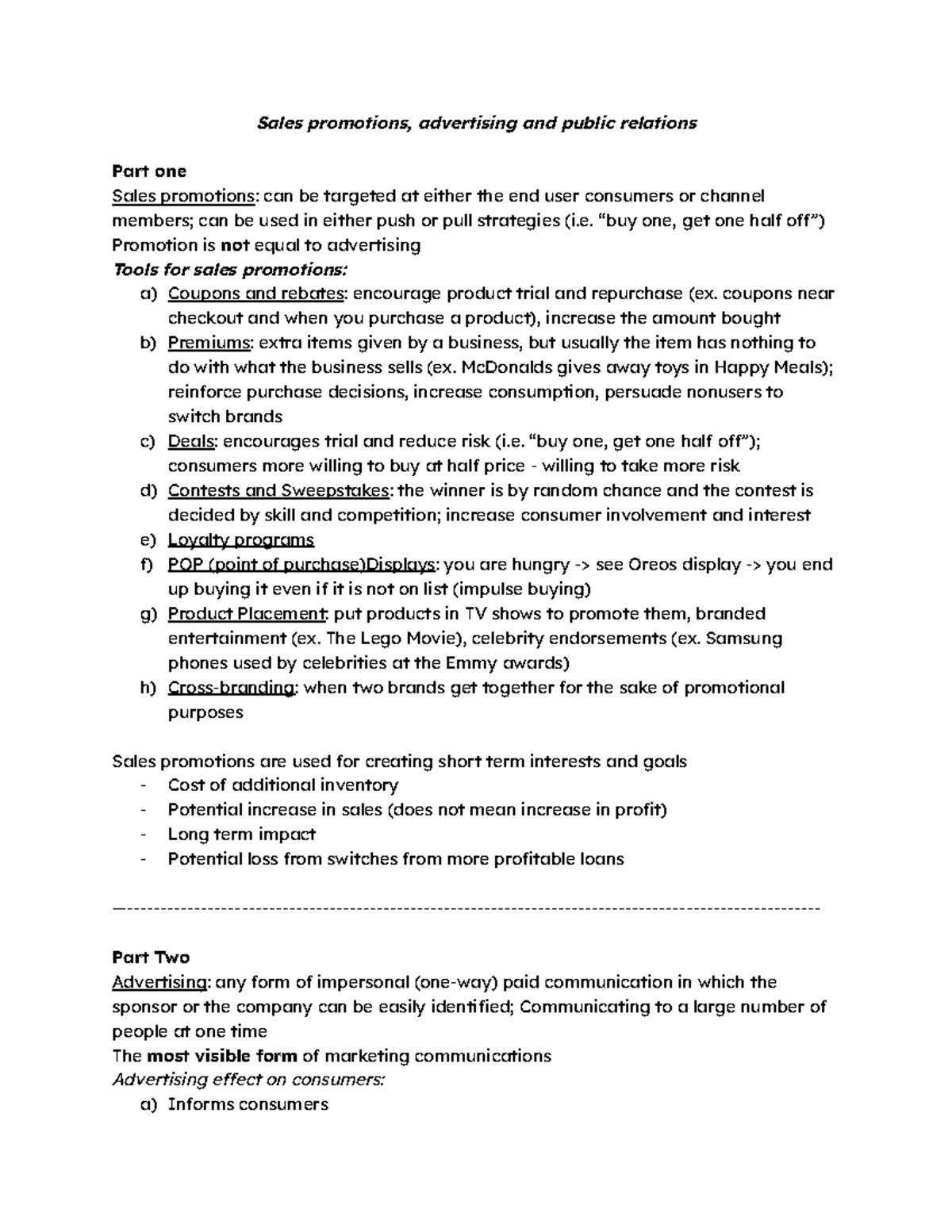 Marketing Sales promotions, advertising and public relations - Sales ...